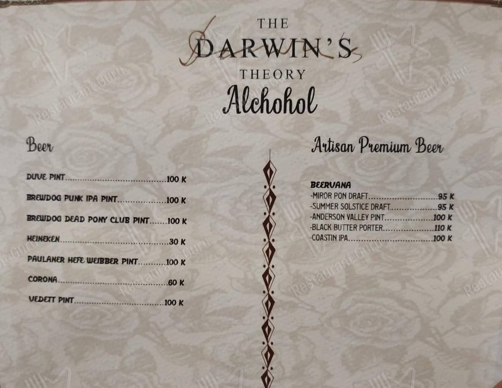 Menu at The Darwin's Theory Bistro & Lounge cafe, North Jakarta
