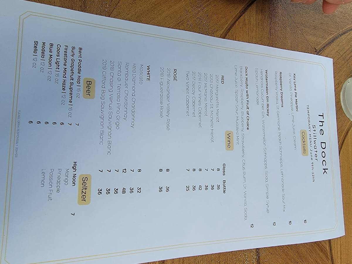Menu at The Dock Stillwater steakhouse, Stillwater