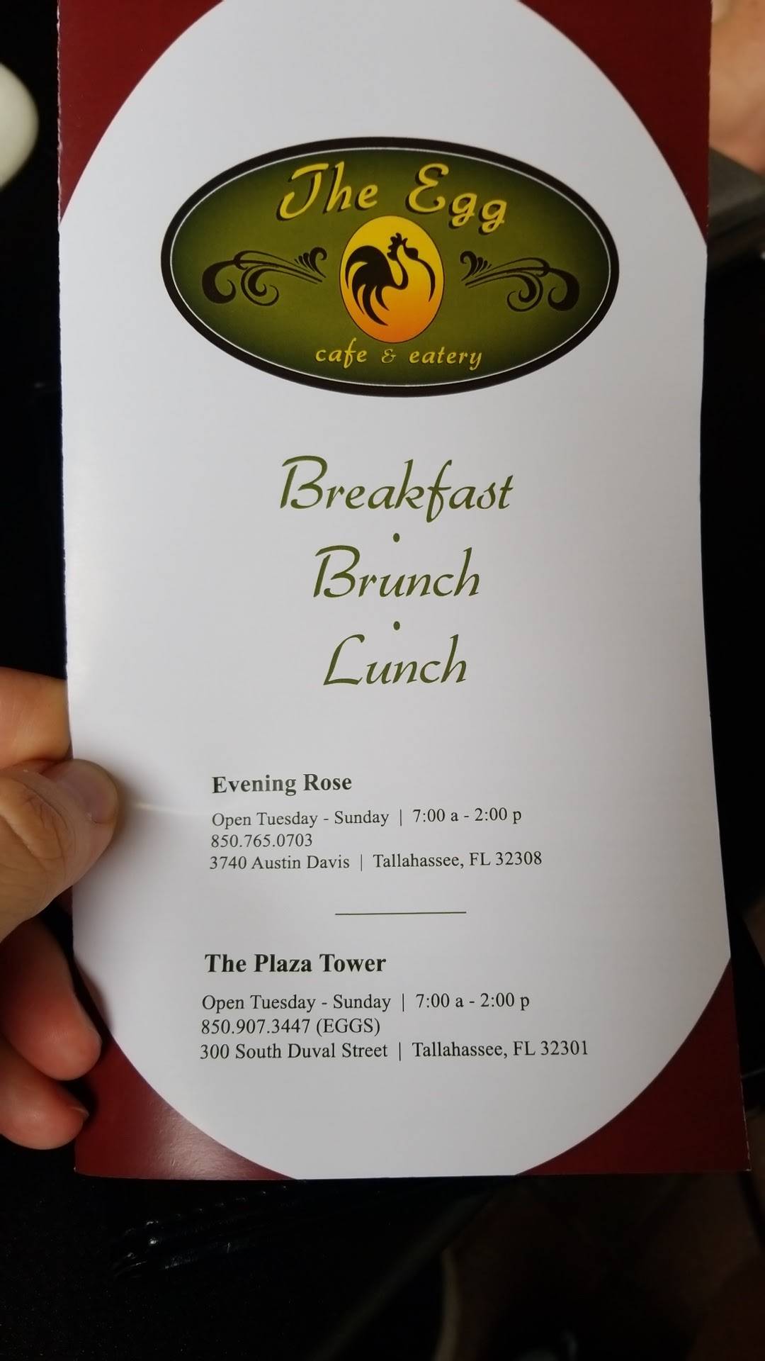 Menu at The Egg Cafe & Eatery, Tallahassee, 300 S Duval St