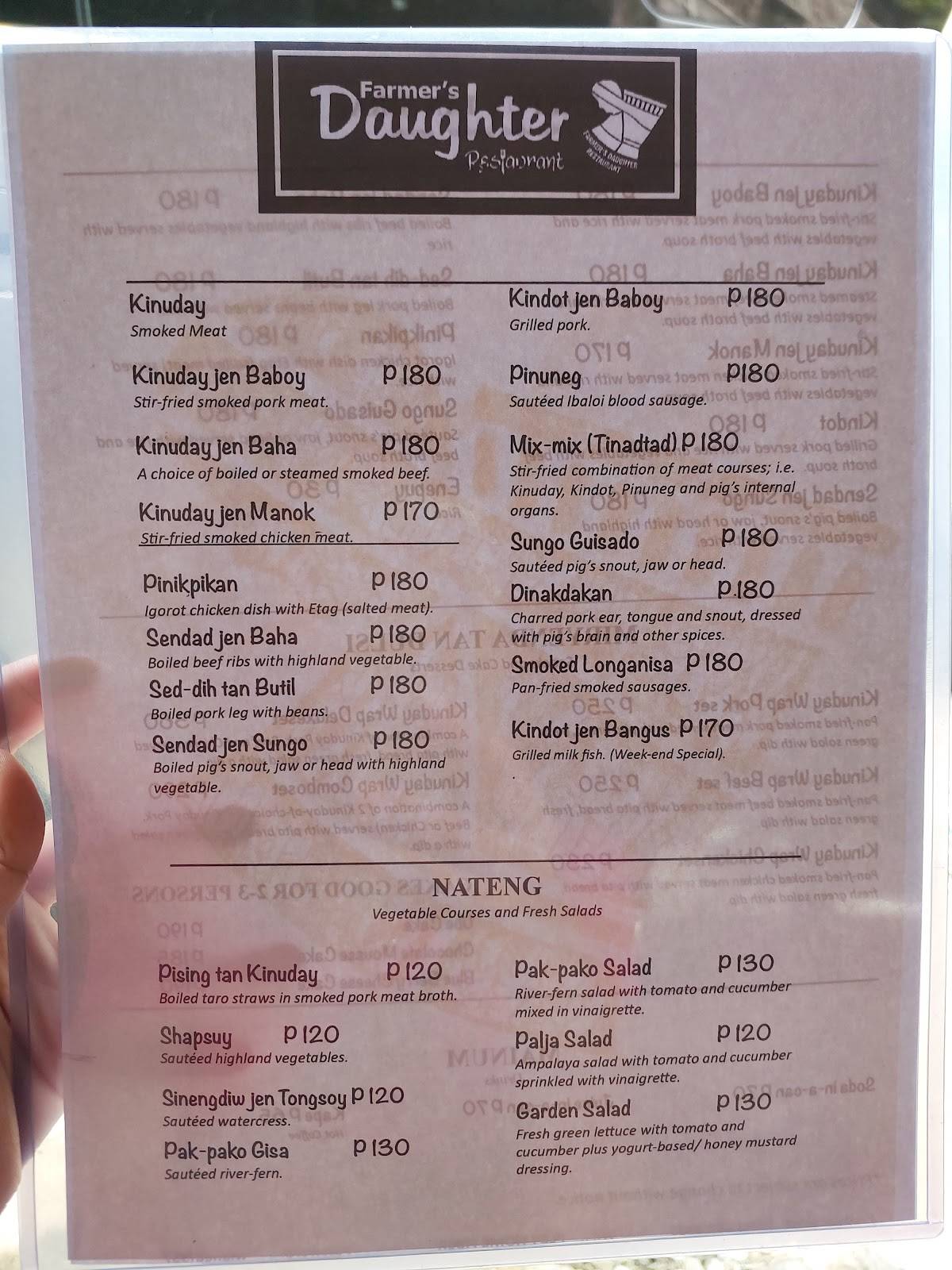 Menu at The Farmer's Daughter Restaurant, Baguio