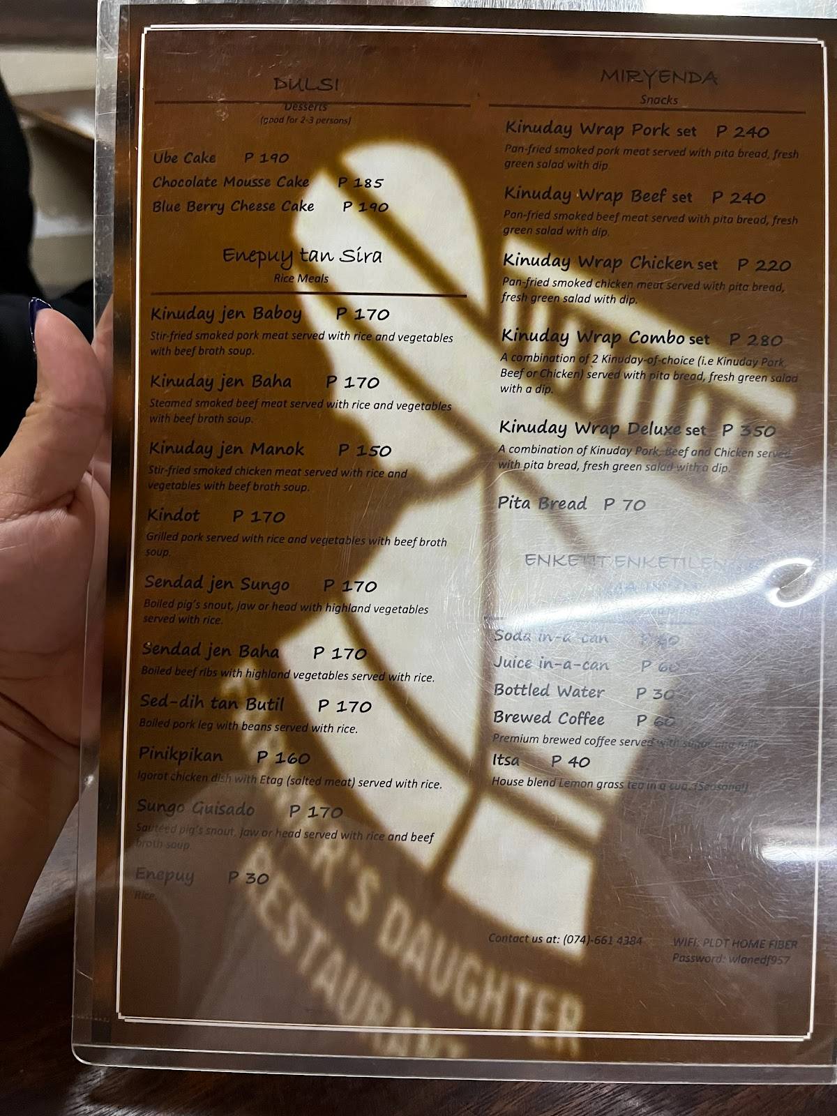 Menu at The Farmer's Daughter Restaurant, Baguio