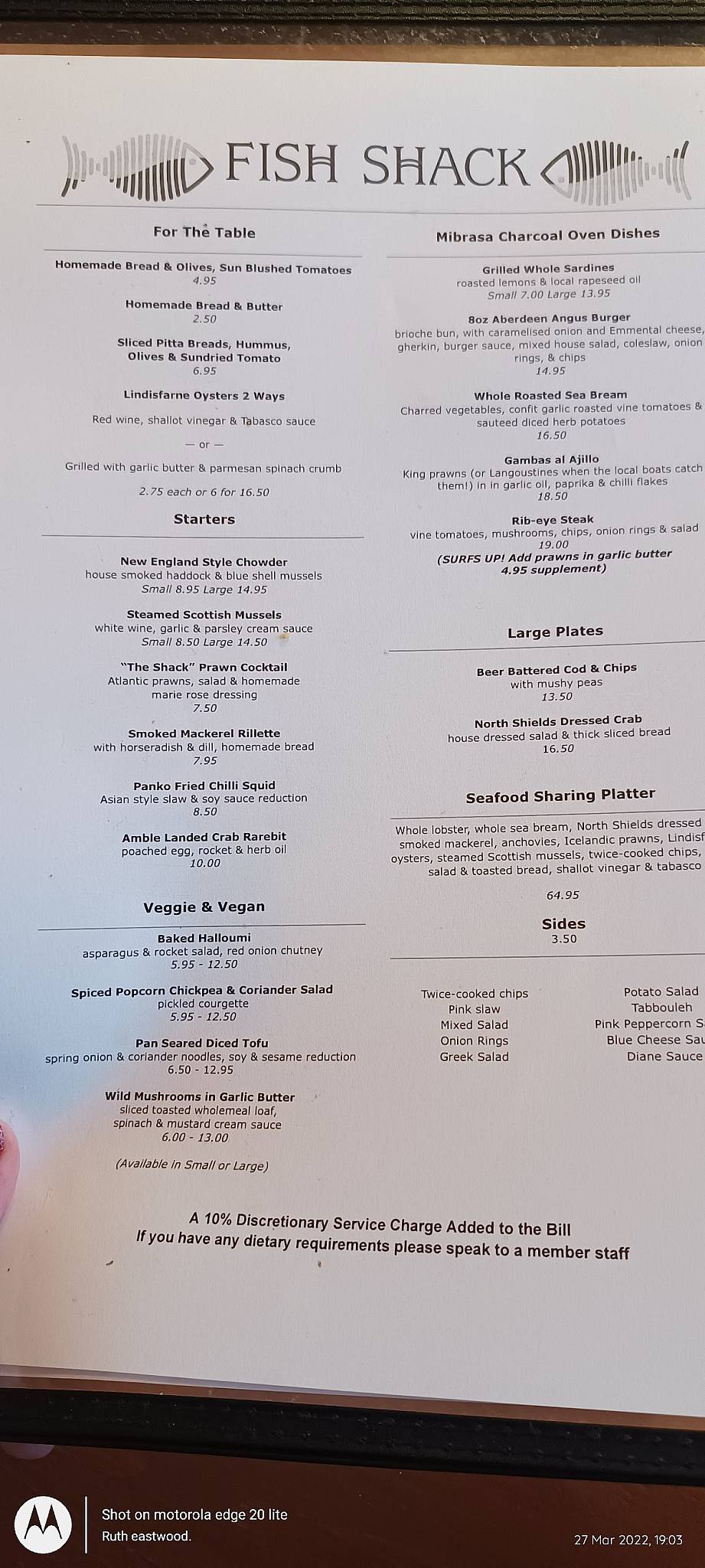 Menu at The Fish Shack restaurant, Warkworth