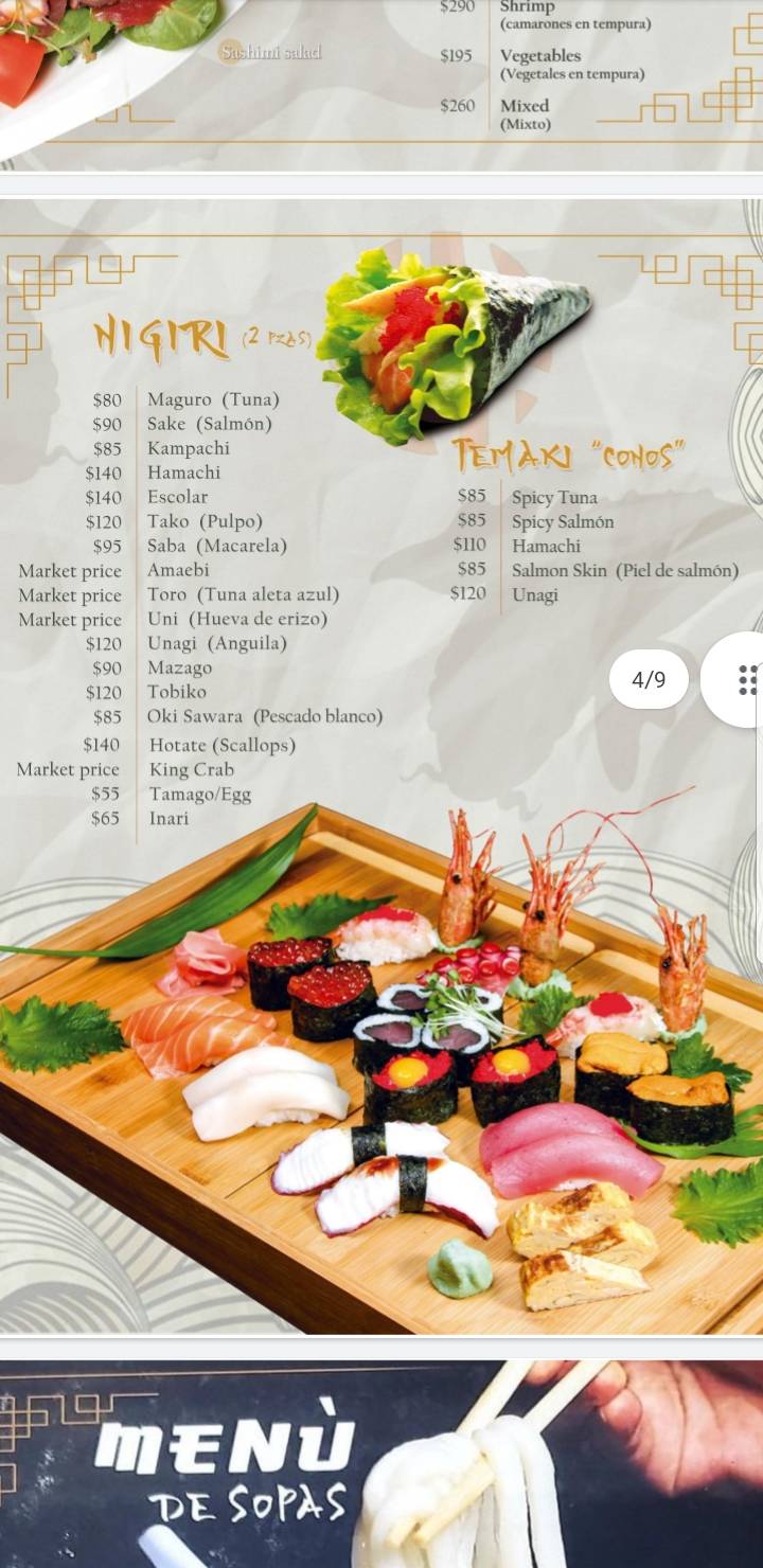 Menu at The Fish Sushi restaurant, Cabo San Lucas