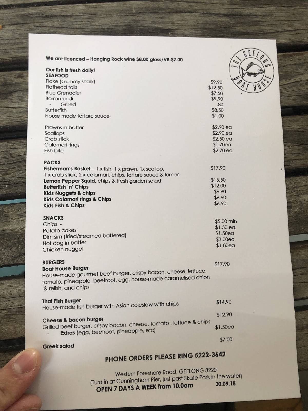 Menu at The Geelong Boat House restaurant, Geelong