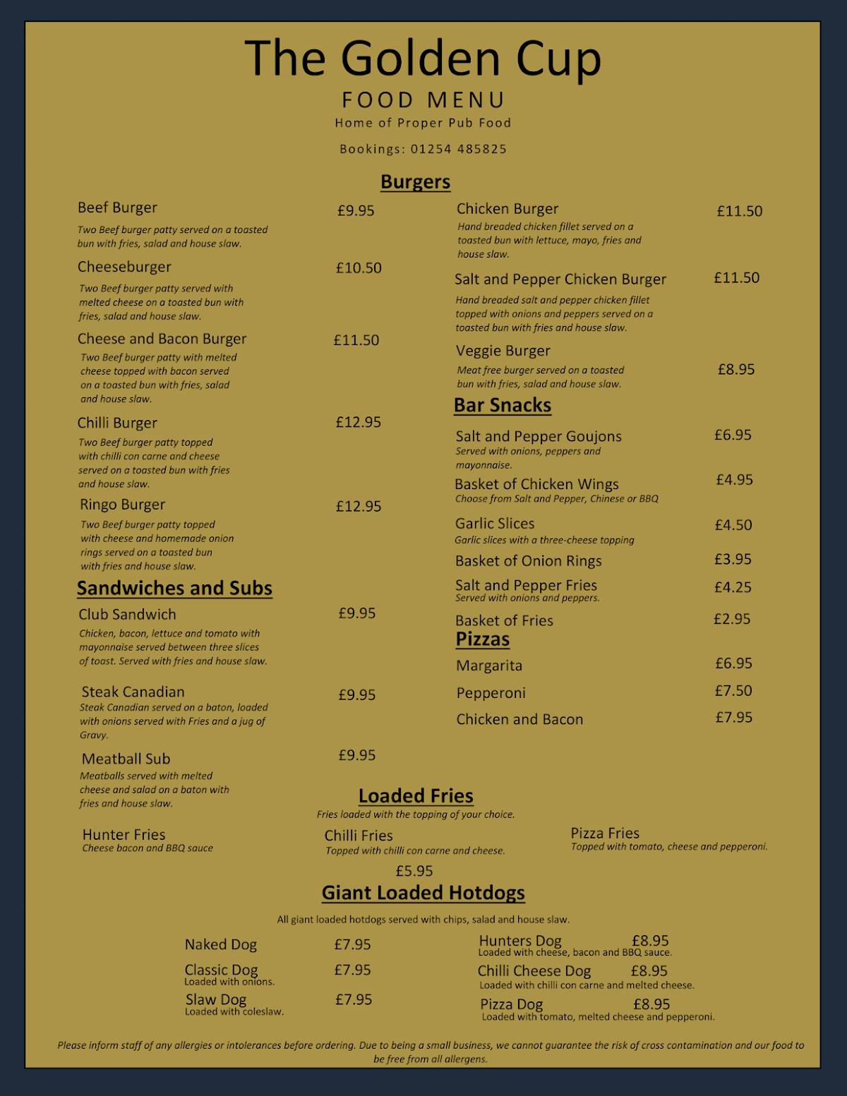 Menu at The Golden Cup pub & bar, Darwen