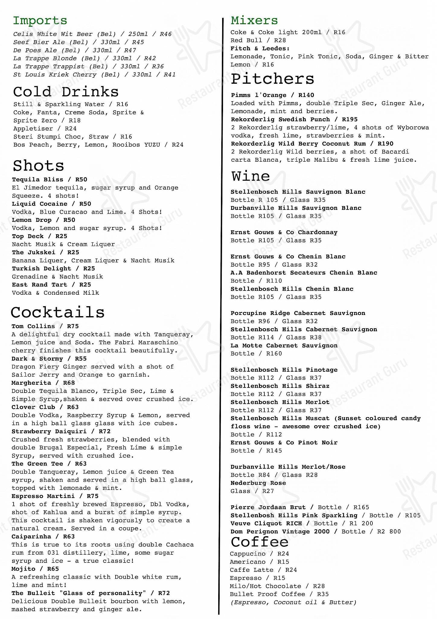 Menu at the Green Craft Bar - Benoni, Benoni