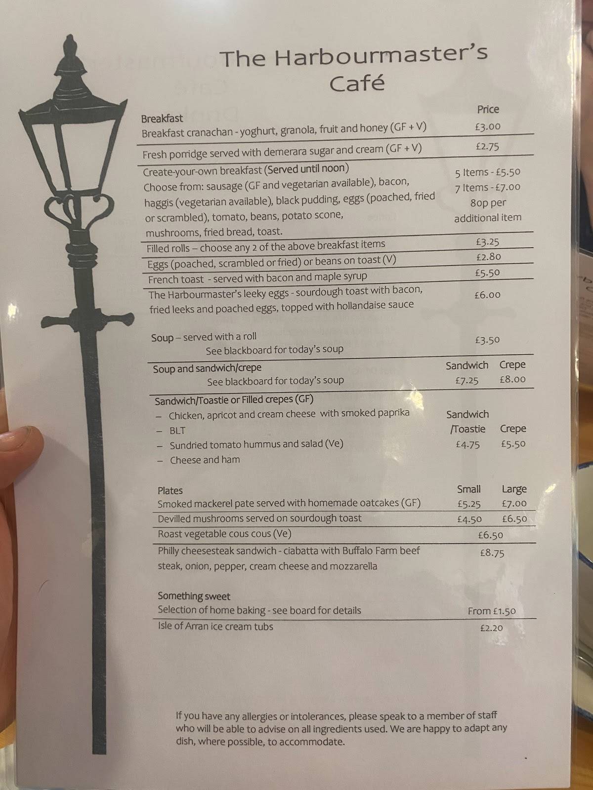 Menu at The Harbourmaster's Café cafe, Kirkcaldy