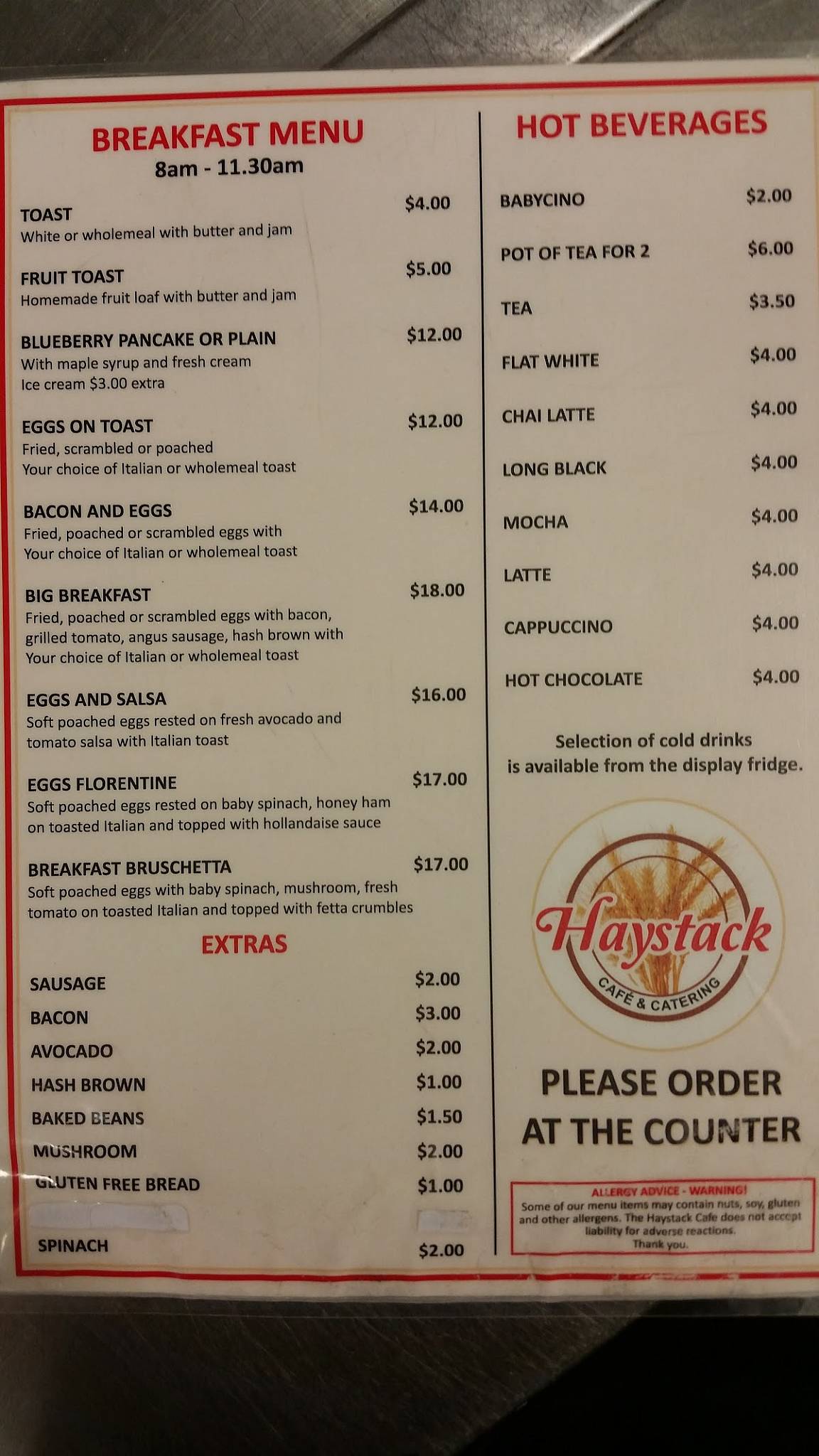 Menu at The Haystack Cafe, Wangara