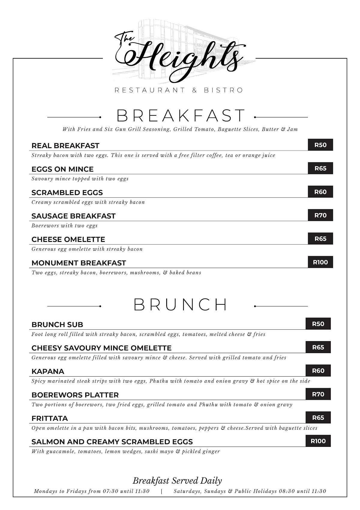 Menu at The Heights Restaurant & Bistro, Kimberley