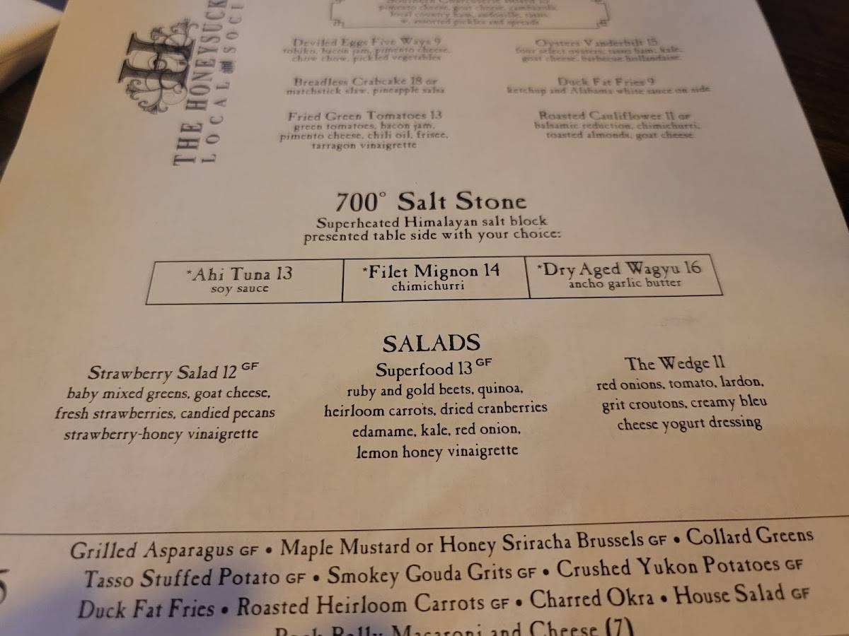 Menu at The Honeysuckle restaurant, Franklin, Galleria Blvd