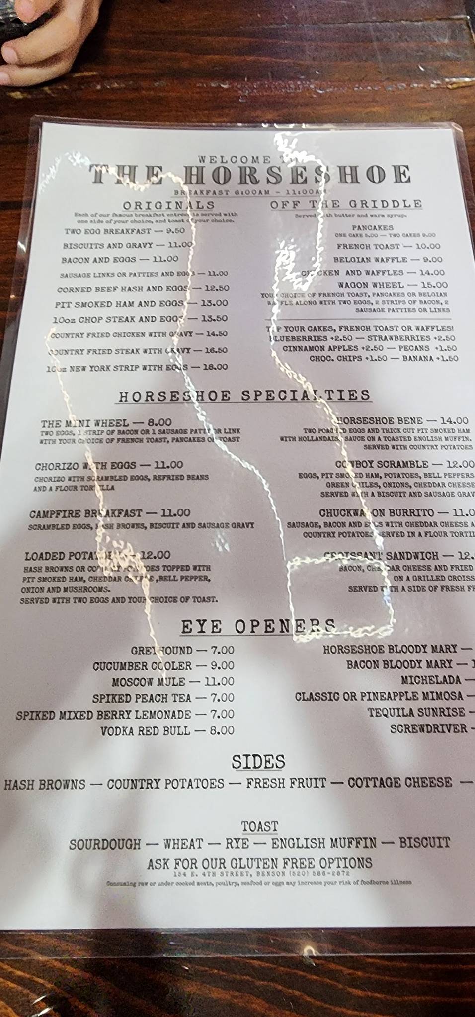 Menu at The Horseshoe cafe, Benson, 154 E 4th St