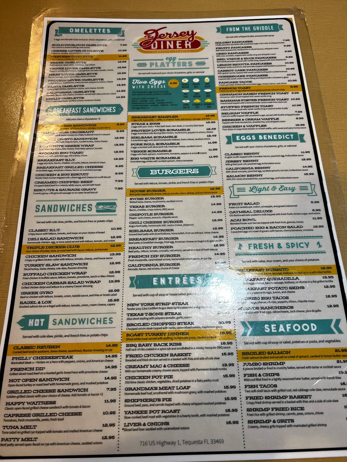 Menu at The Jersey Diner restaurant, Tequesta