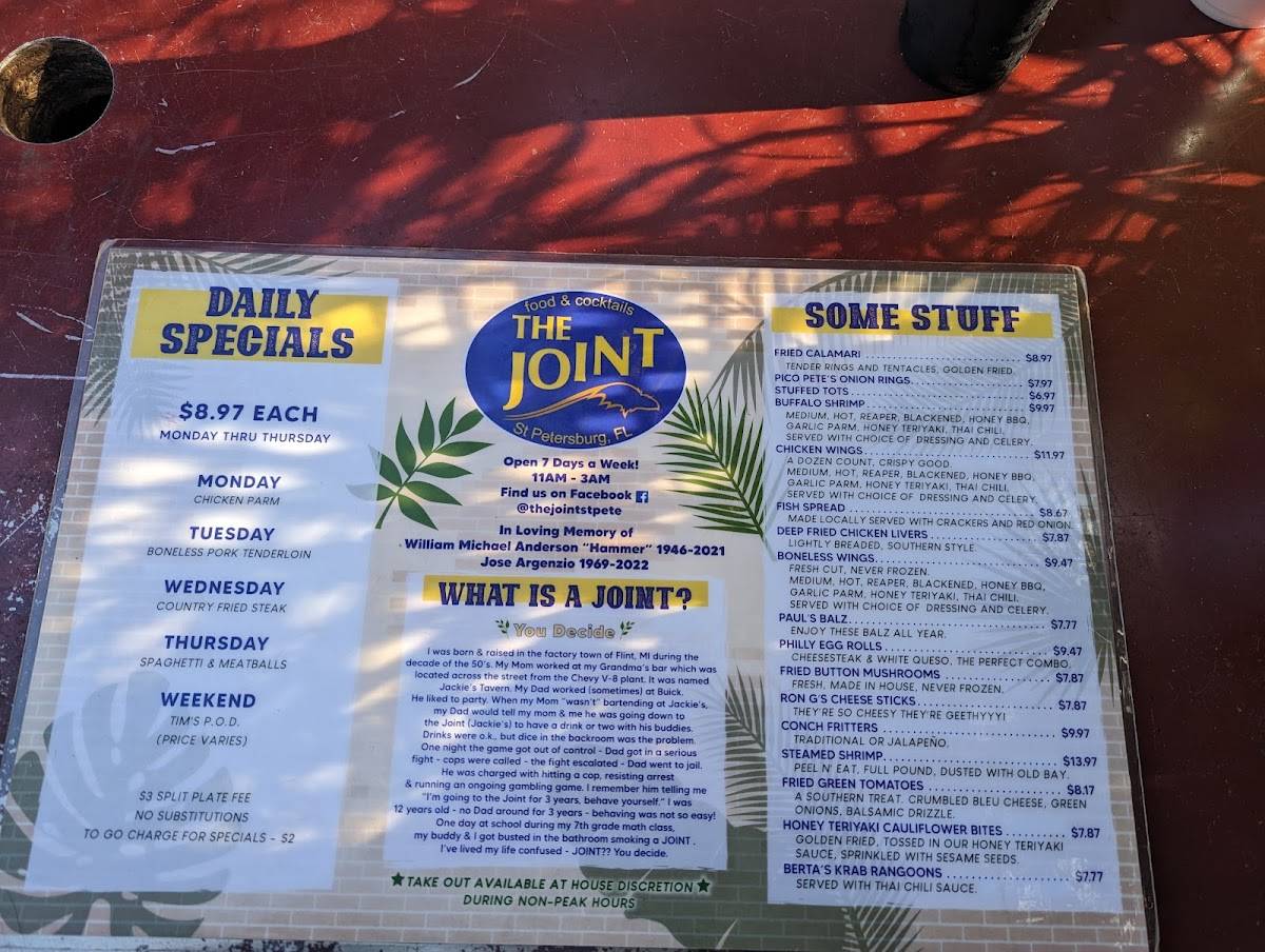 Menu at The Joint St. Pete pub & bar, Saint Petersburg