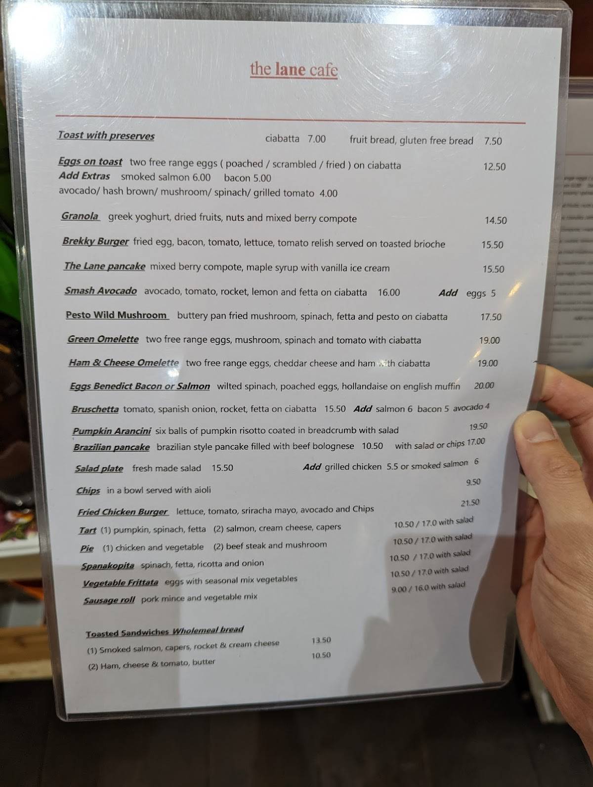 Menu at The Lane Café cafe, Claremont