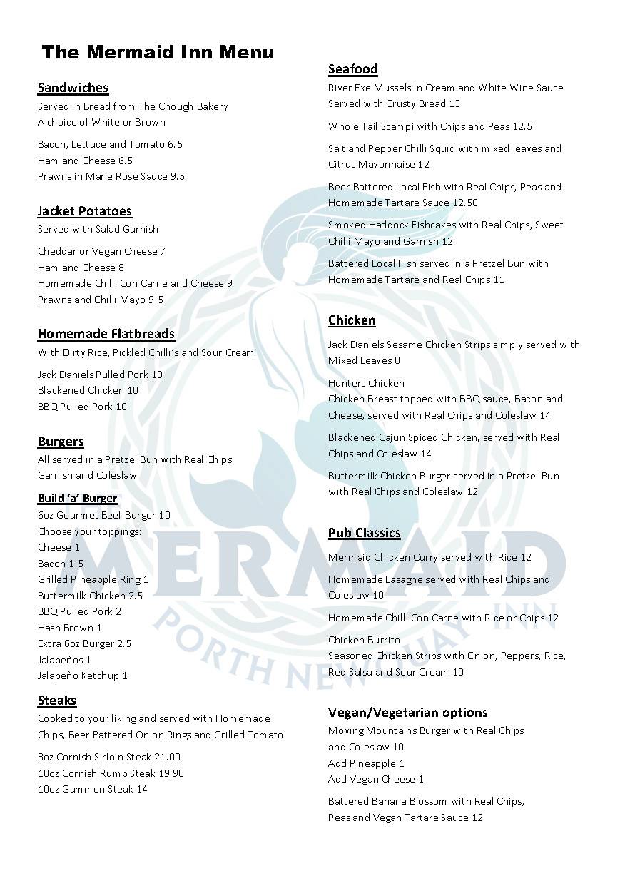 Menu at The Mermaid Inn pub & bar, Newquay