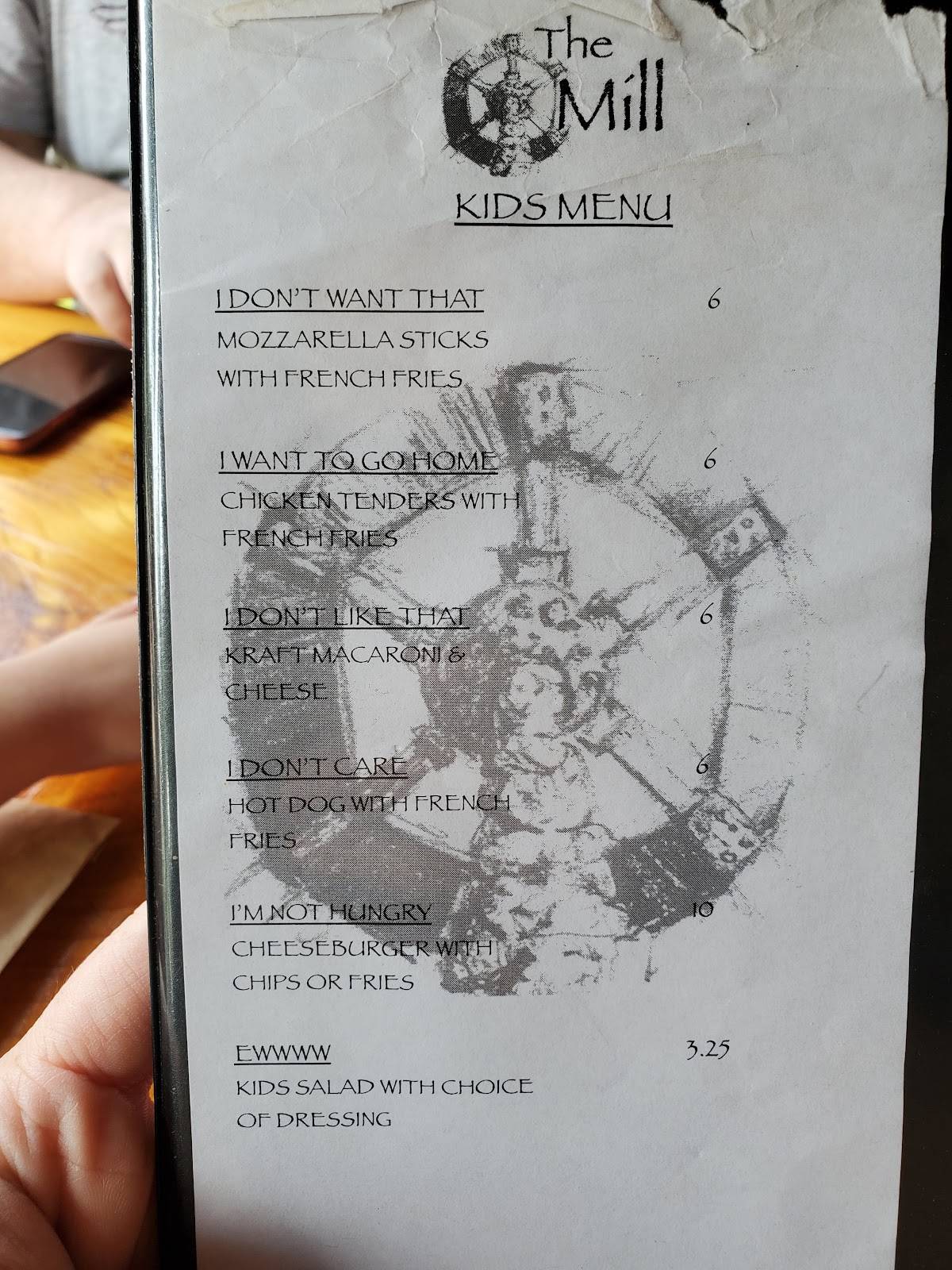 Menu at The Mill restaurant, Old Forge