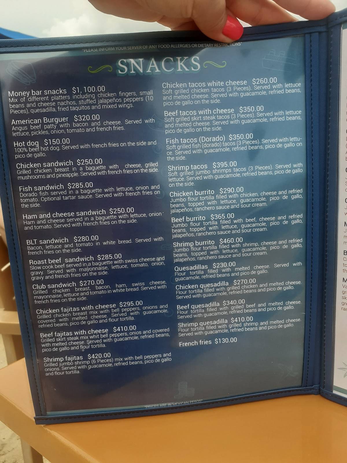 Menu at The Money Bar Beach Club, San Miguel de Cozumel, The Money Bar ...
