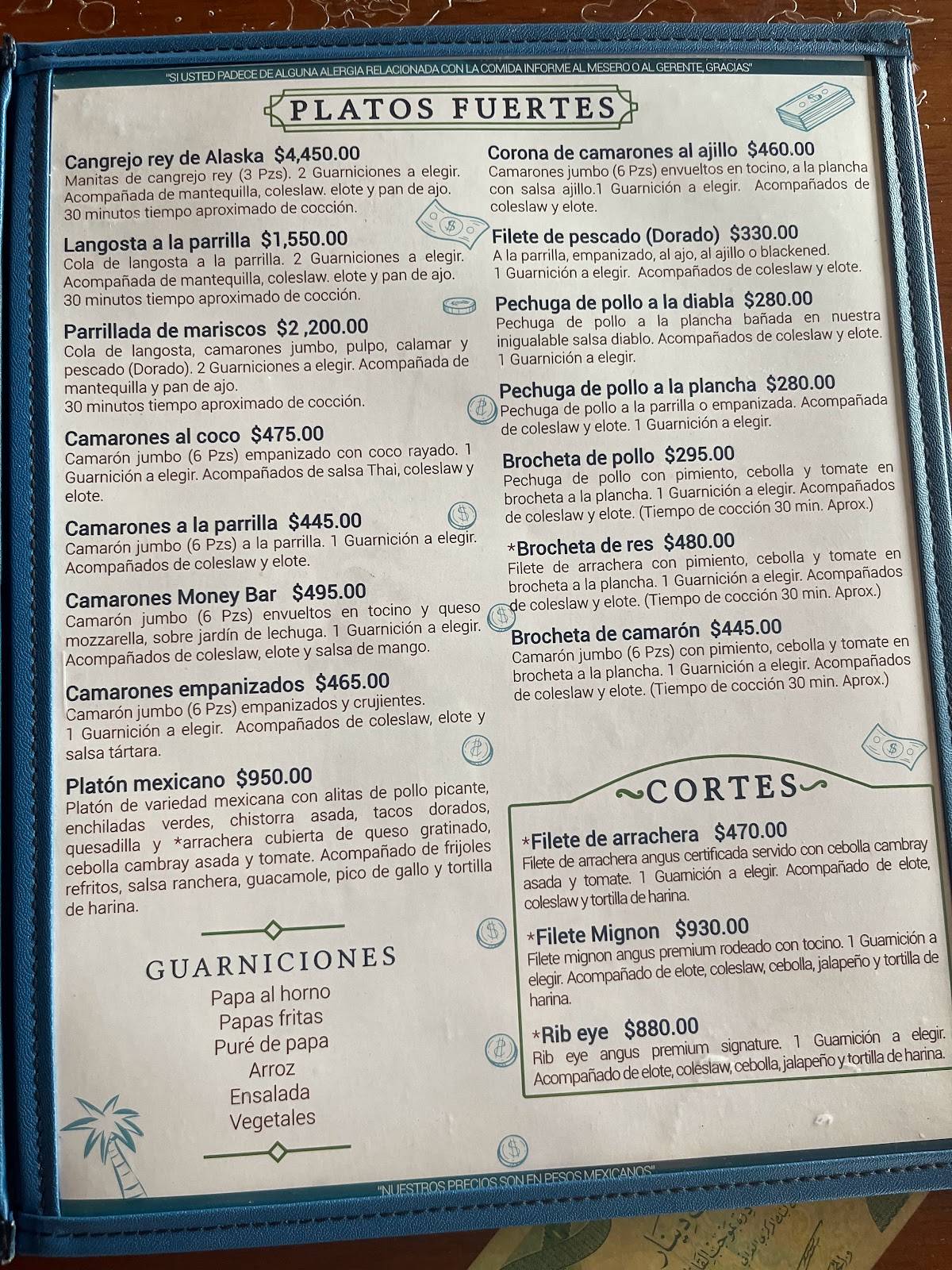 Menu at The Money Bar Beach Club, San Miguel de Cozumel, The Money Bar ...