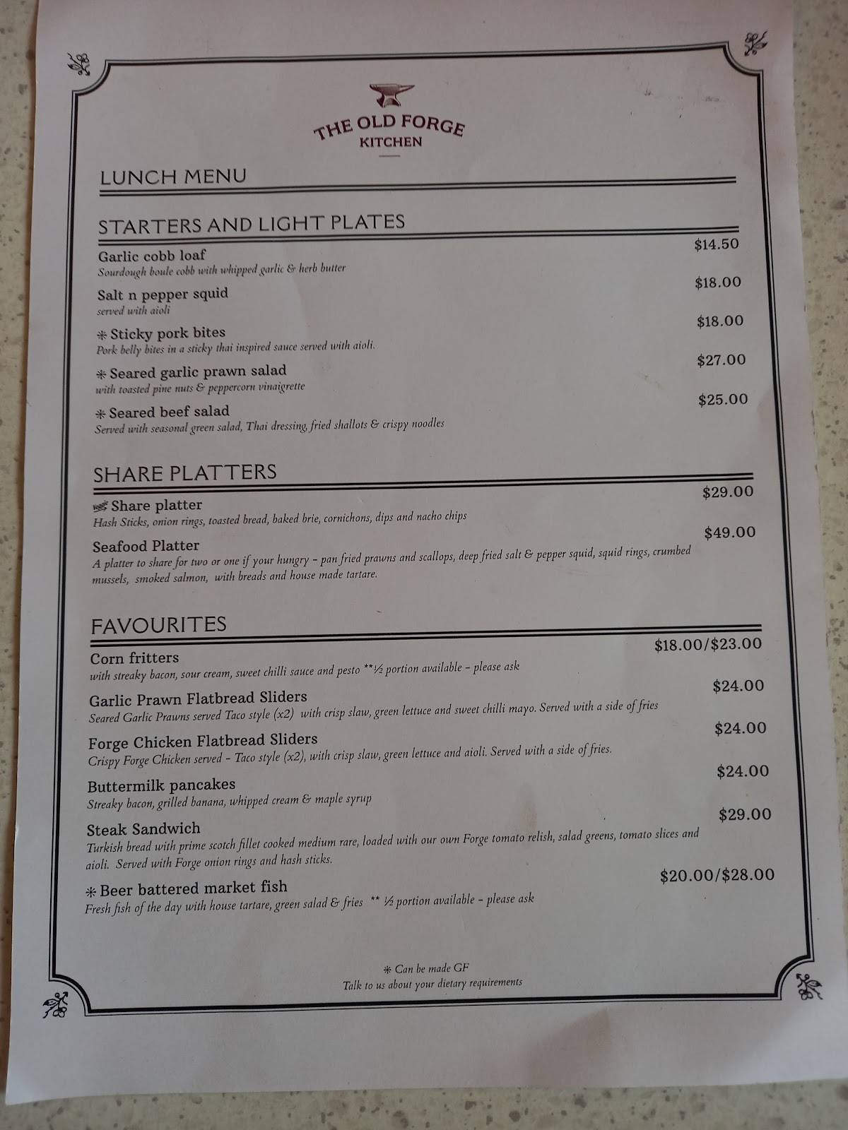 Menu at The Old Forge Kitchen cafe, Te Aroha West