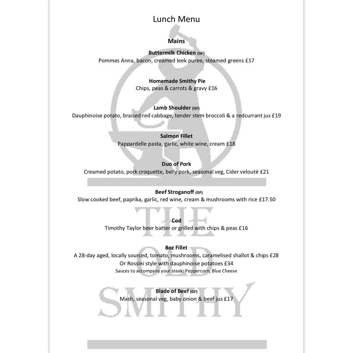 Menu at The Old Smithy restaurant, Norbury
