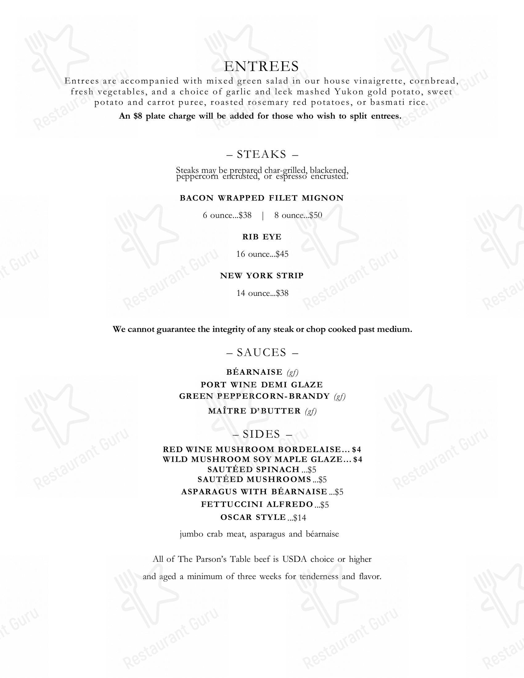 Menu at The Parson's Table steakhouse, Little River