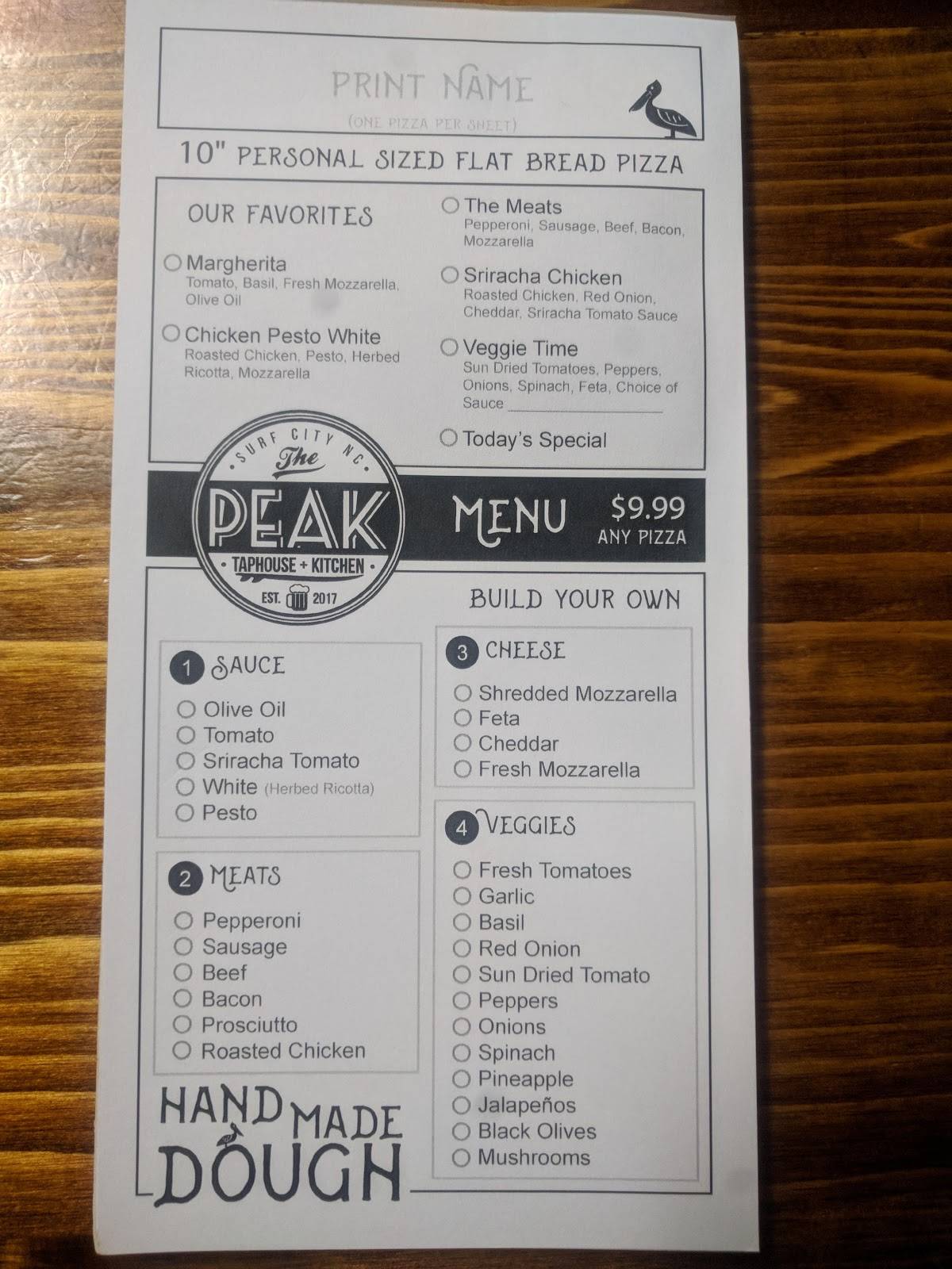 Menu at The Peak Taphouse and Kitchen restaurant, Surf City