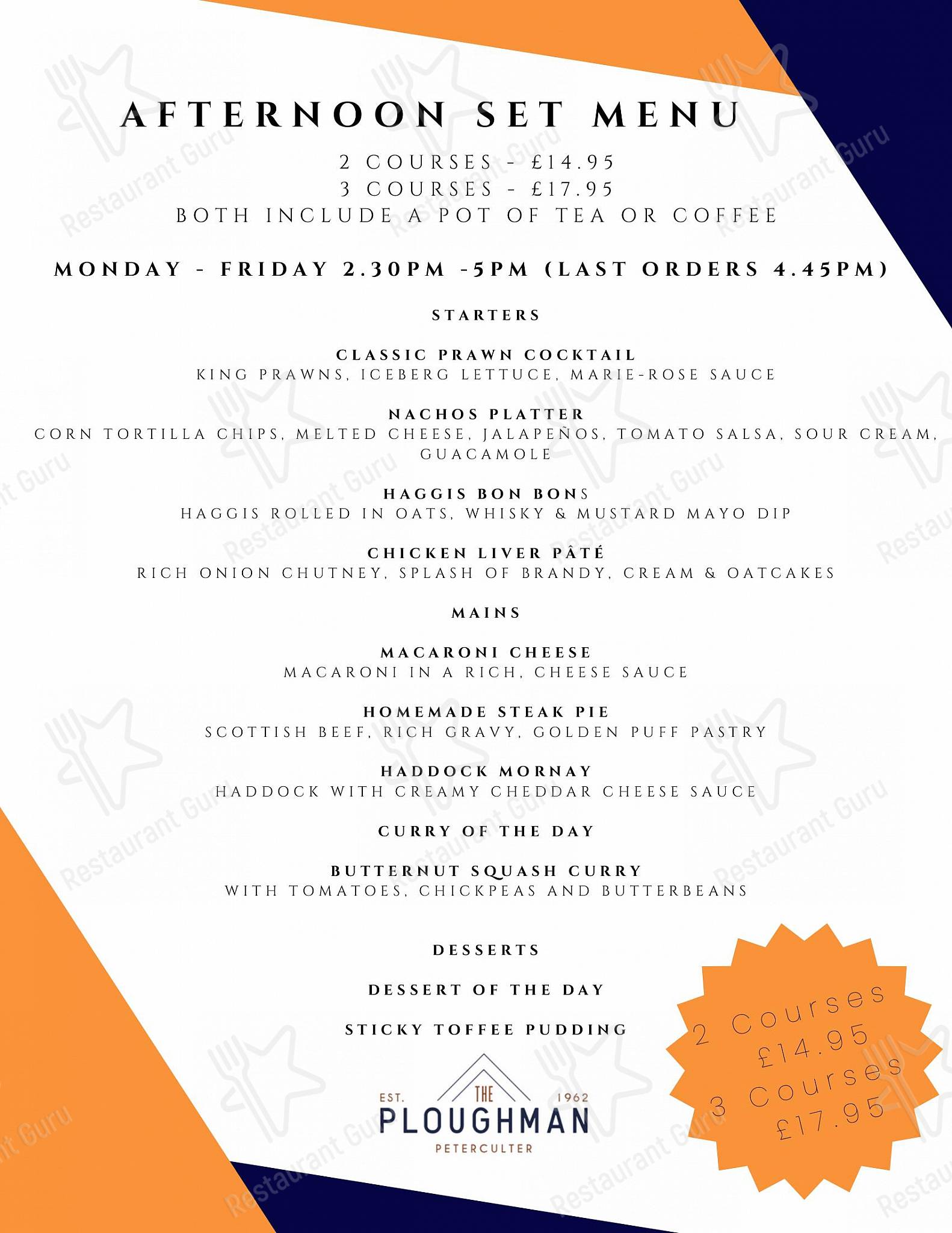 Menu at The Ploughman restaurant, Peterculter