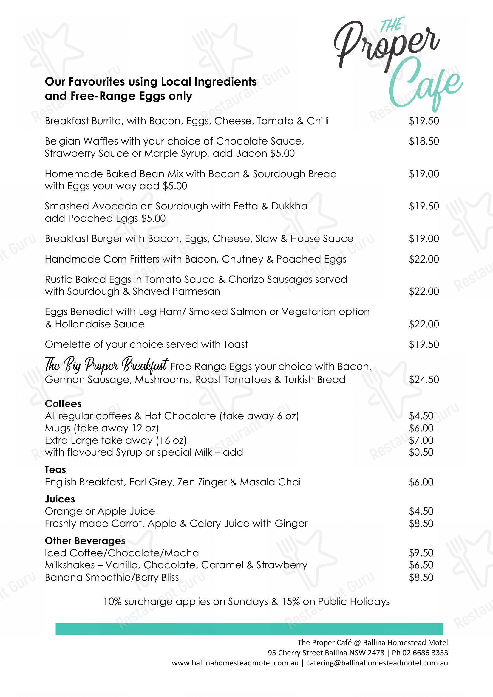 Menu at The Proper Cafe, Ballina