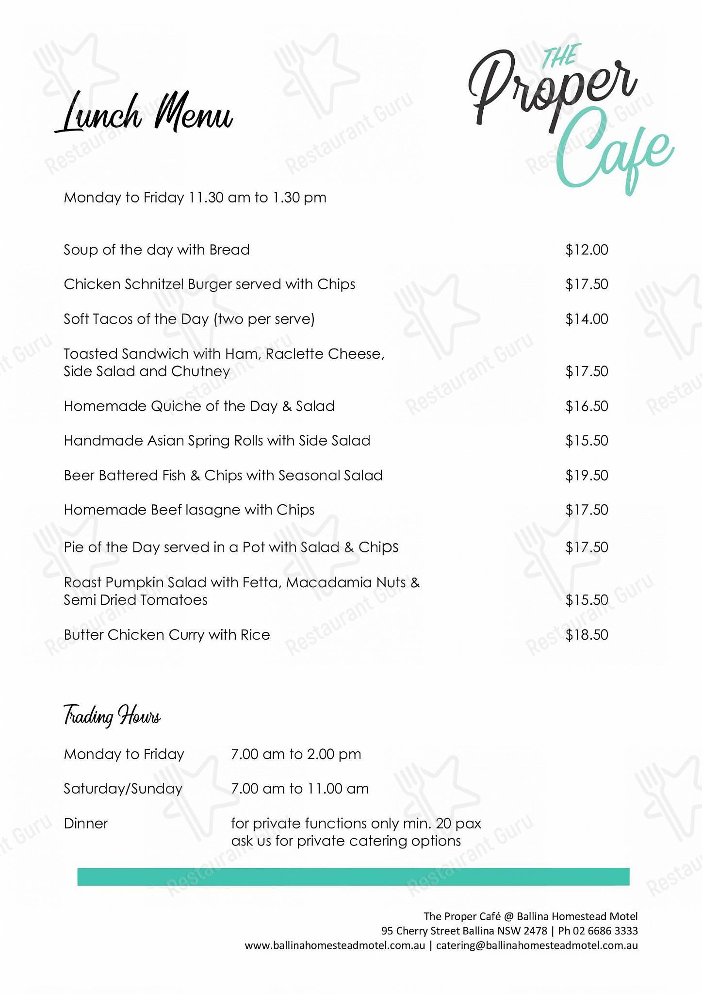 Menu at The Proper Cafe, Ballina