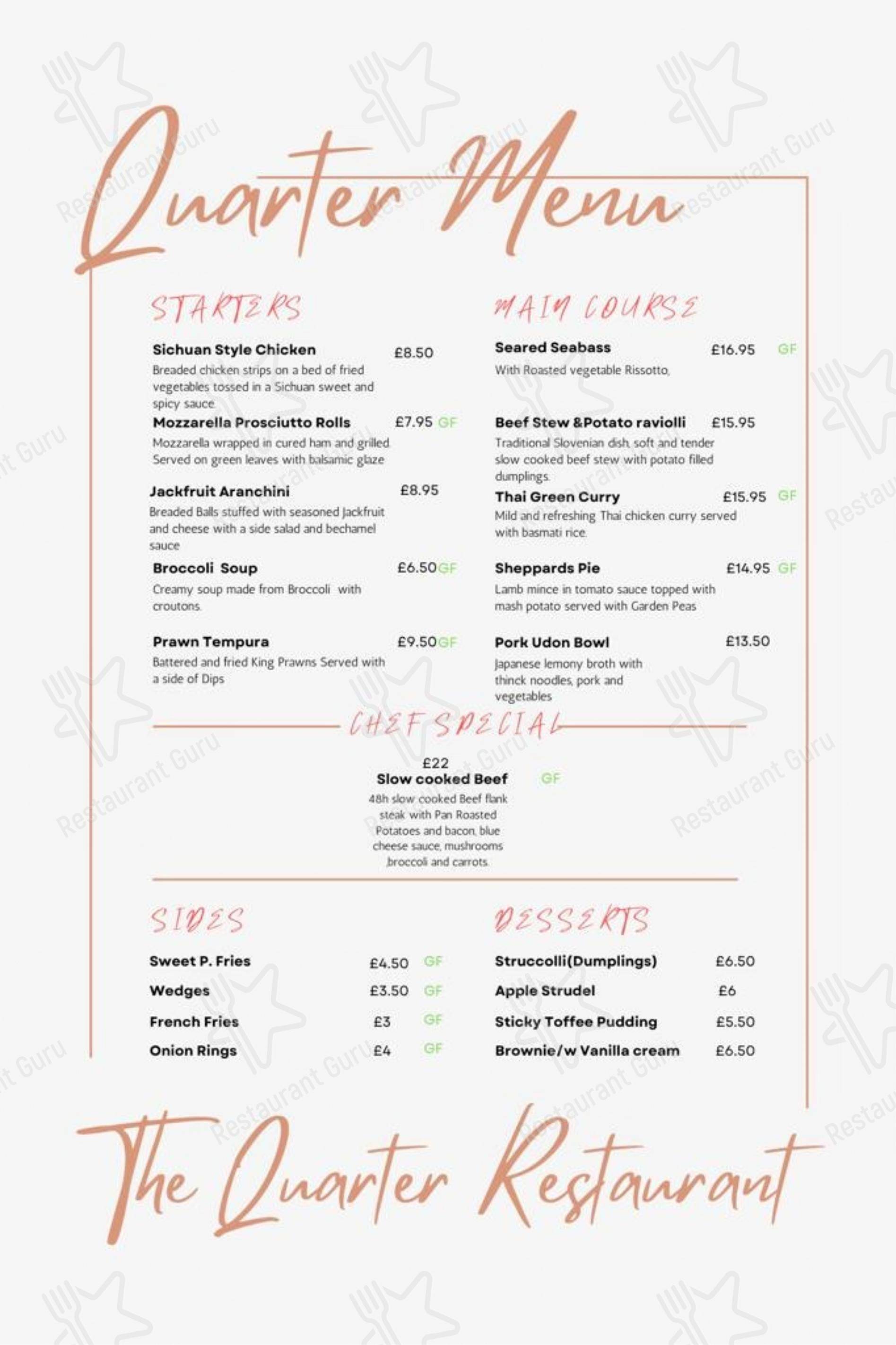 Carta de The Quarter Restaurant, Taunton
