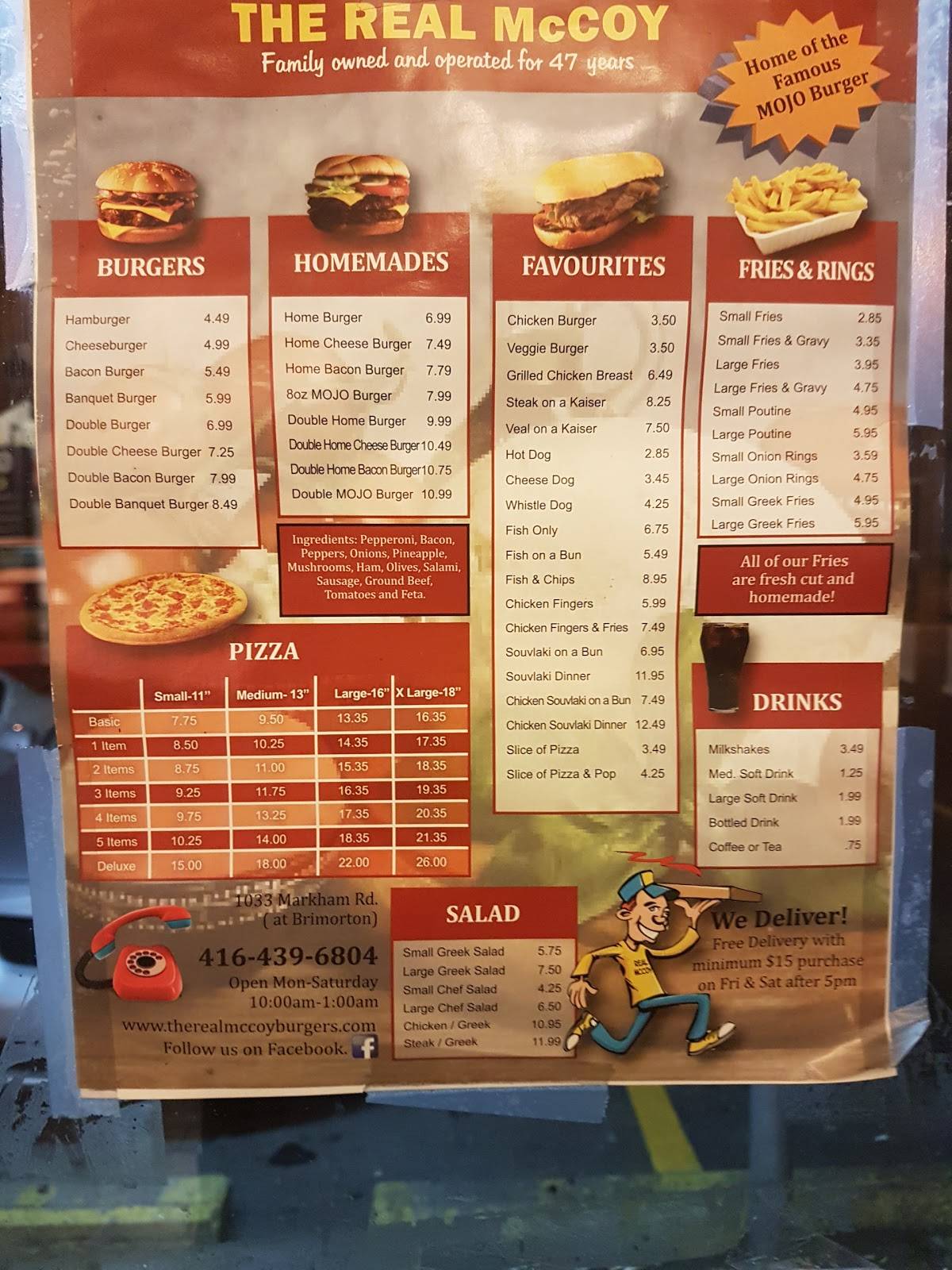 Menu at The Real McCoy pizzeria, Toronto, Lawrence Ave E