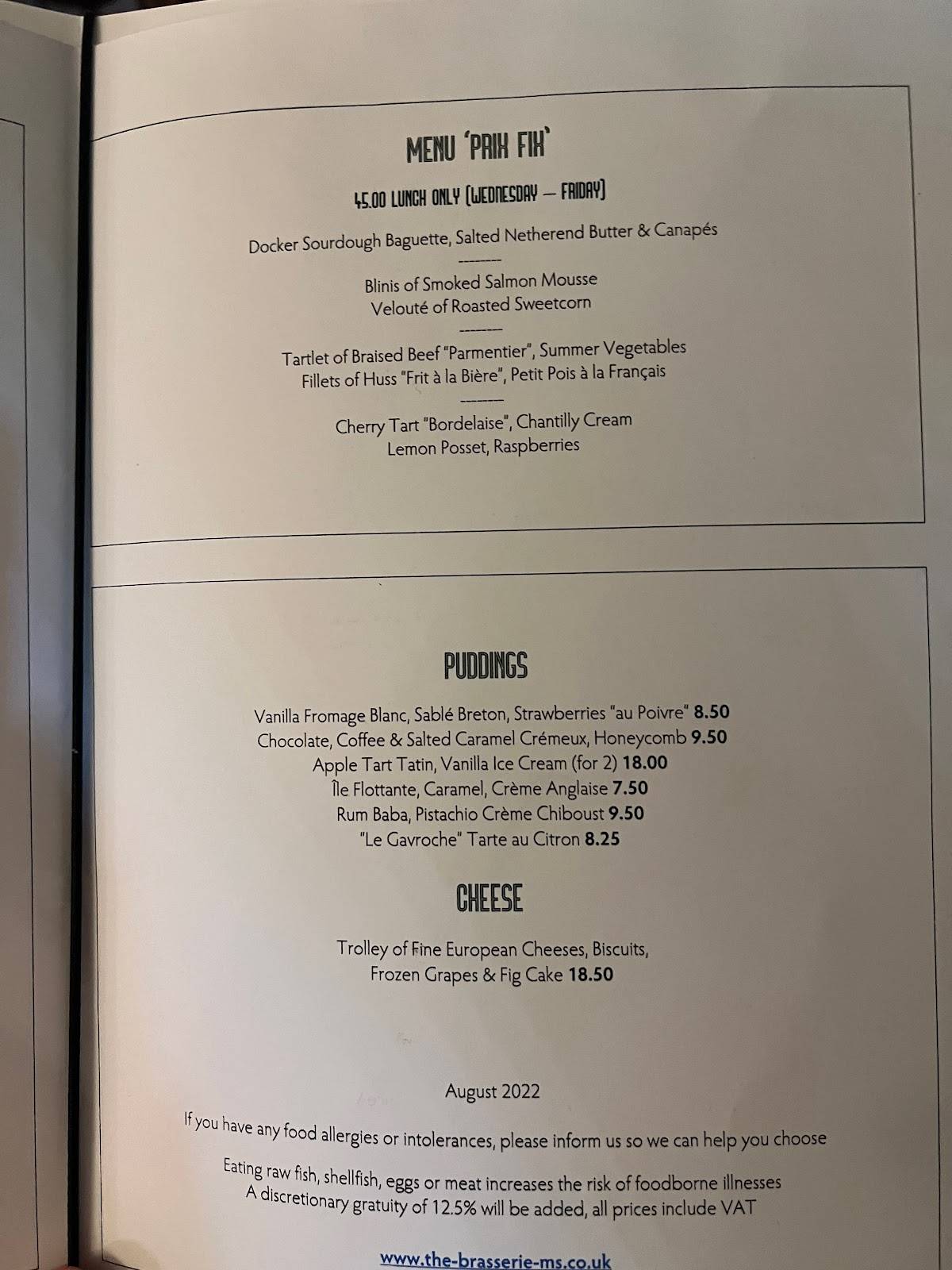 Menu at The Restaurant MS, Folkestone