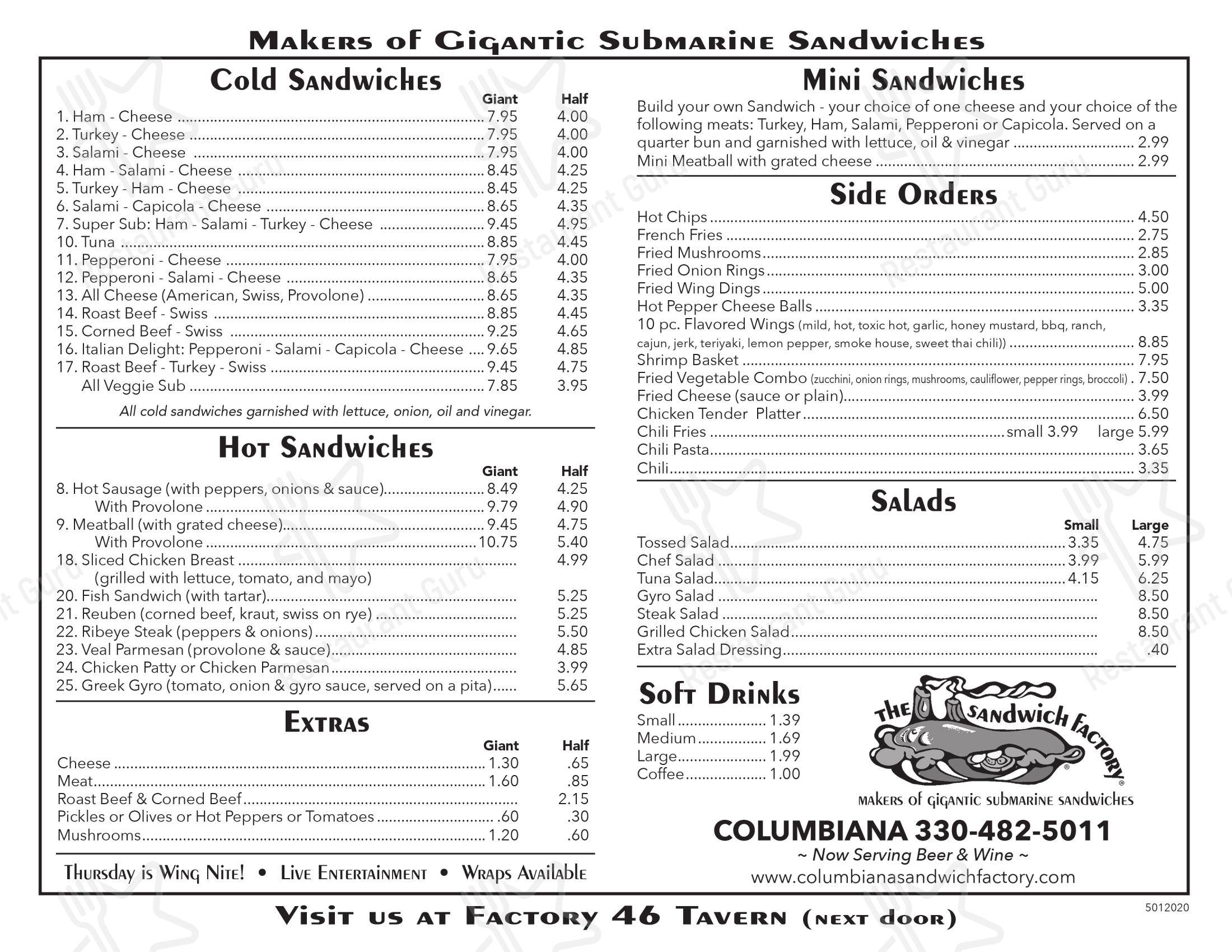 Menu at The Sandwich Factory fast food, Columbiana, Village Plaza