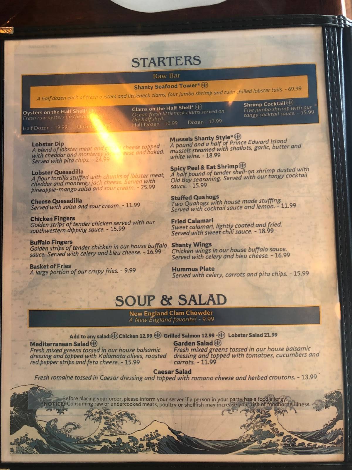 Menu at The Seafood Shanty restaurant, Edgartown