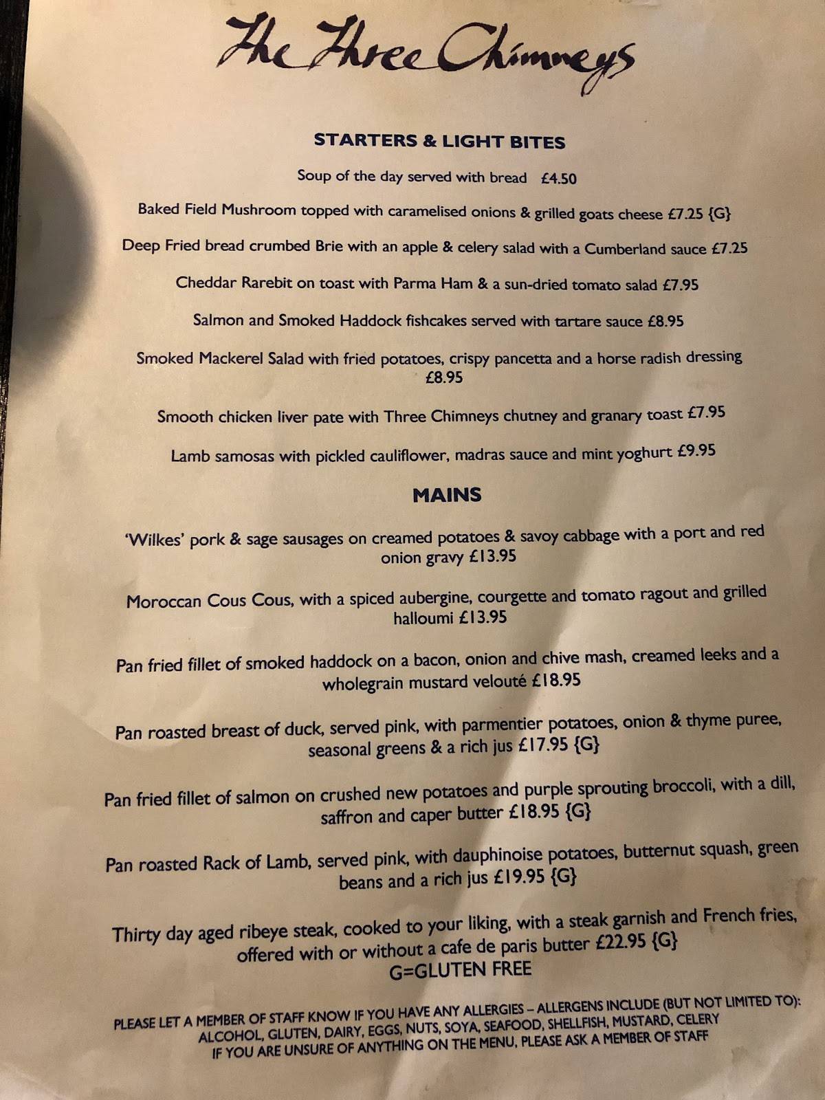 Menu at The Three Chimneys pub & bar, Smarden