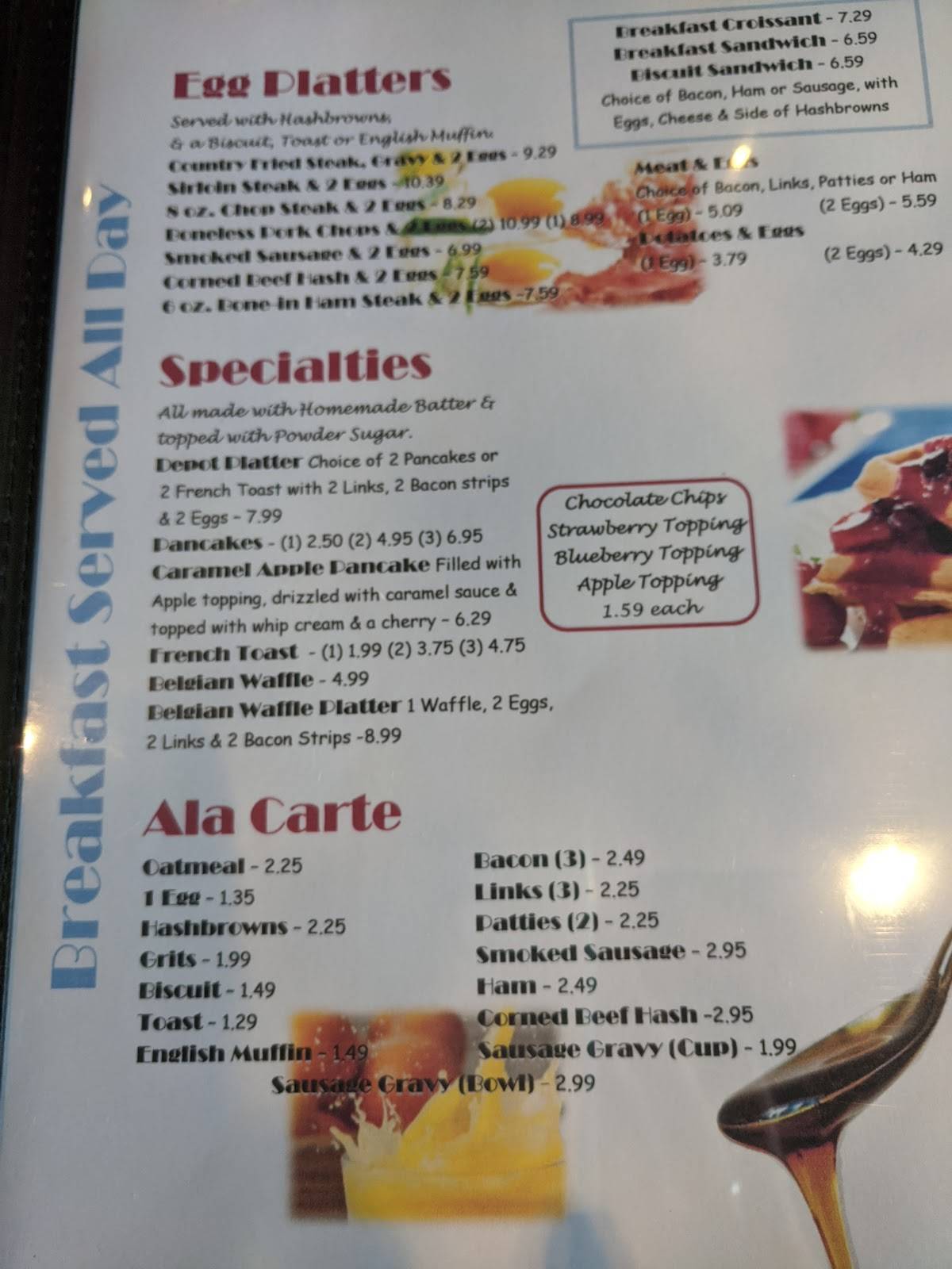 Menu at The Train Station Pancake House restaurant, Marion