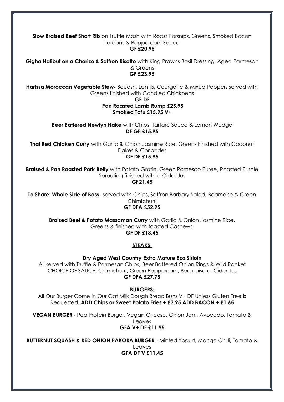 Menu at The Tuning Fork restaurant, Rugby