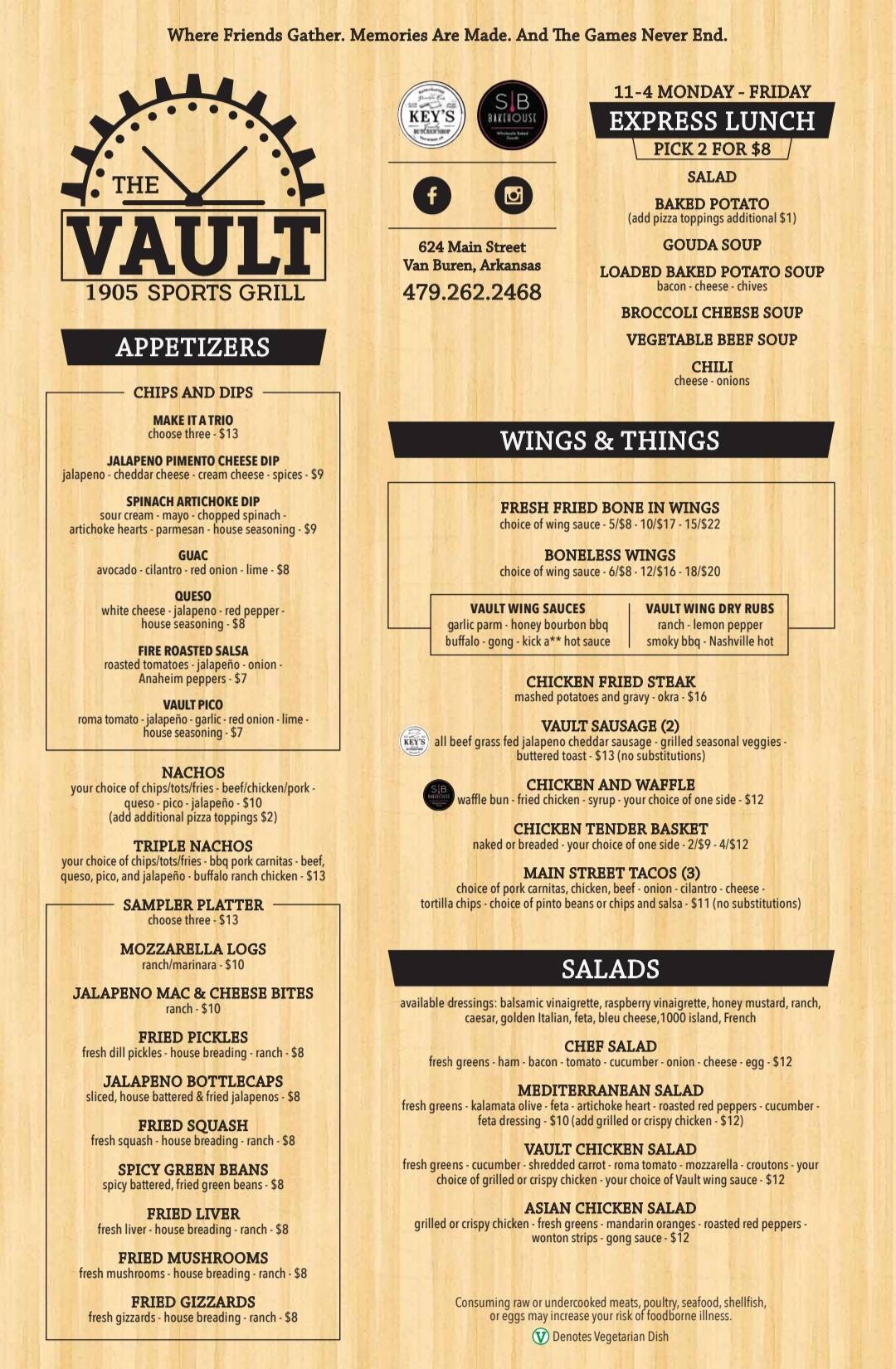 Menu at The Vault 1905 Sports Grill restaurant, Van Buren