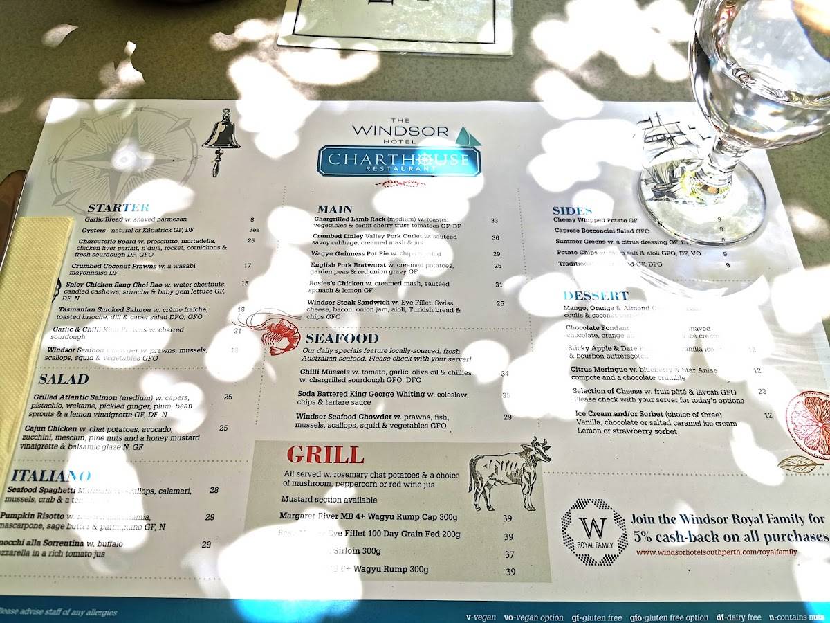 Menu at The Windsor Hotel restaurant, South Perth