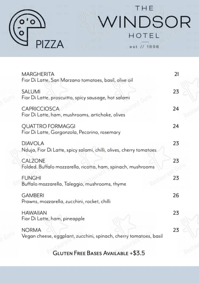 Menu at The Windsor Hotel restaurant, South Perth
