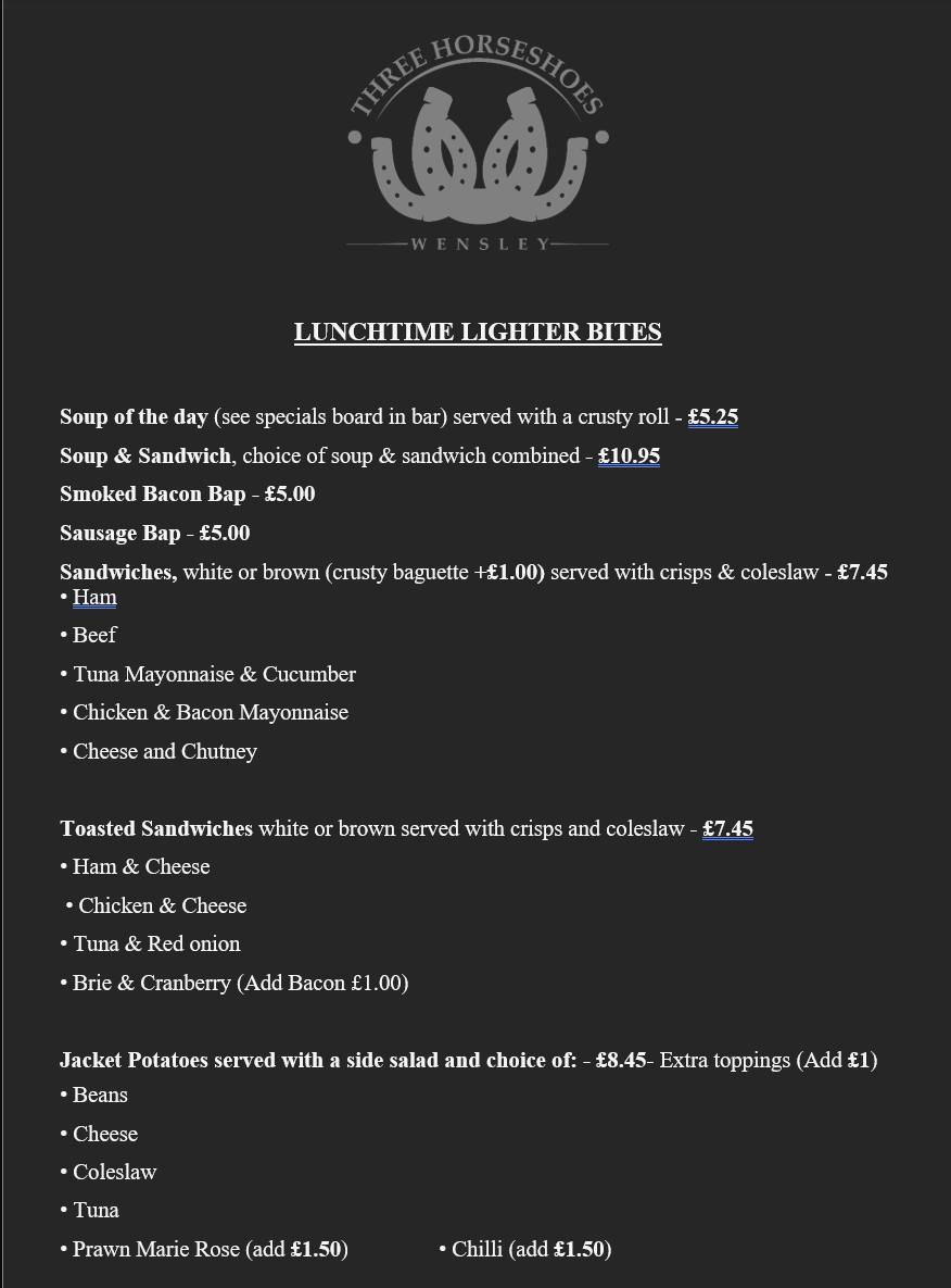 Menu at Three Horse Shoes pub & bar, Leyburn, Wensley