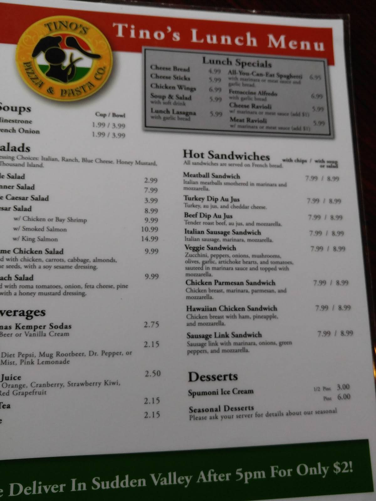 Menu at Tino’s Pizza & Pasta Co. pizzeria, Sudden Valley