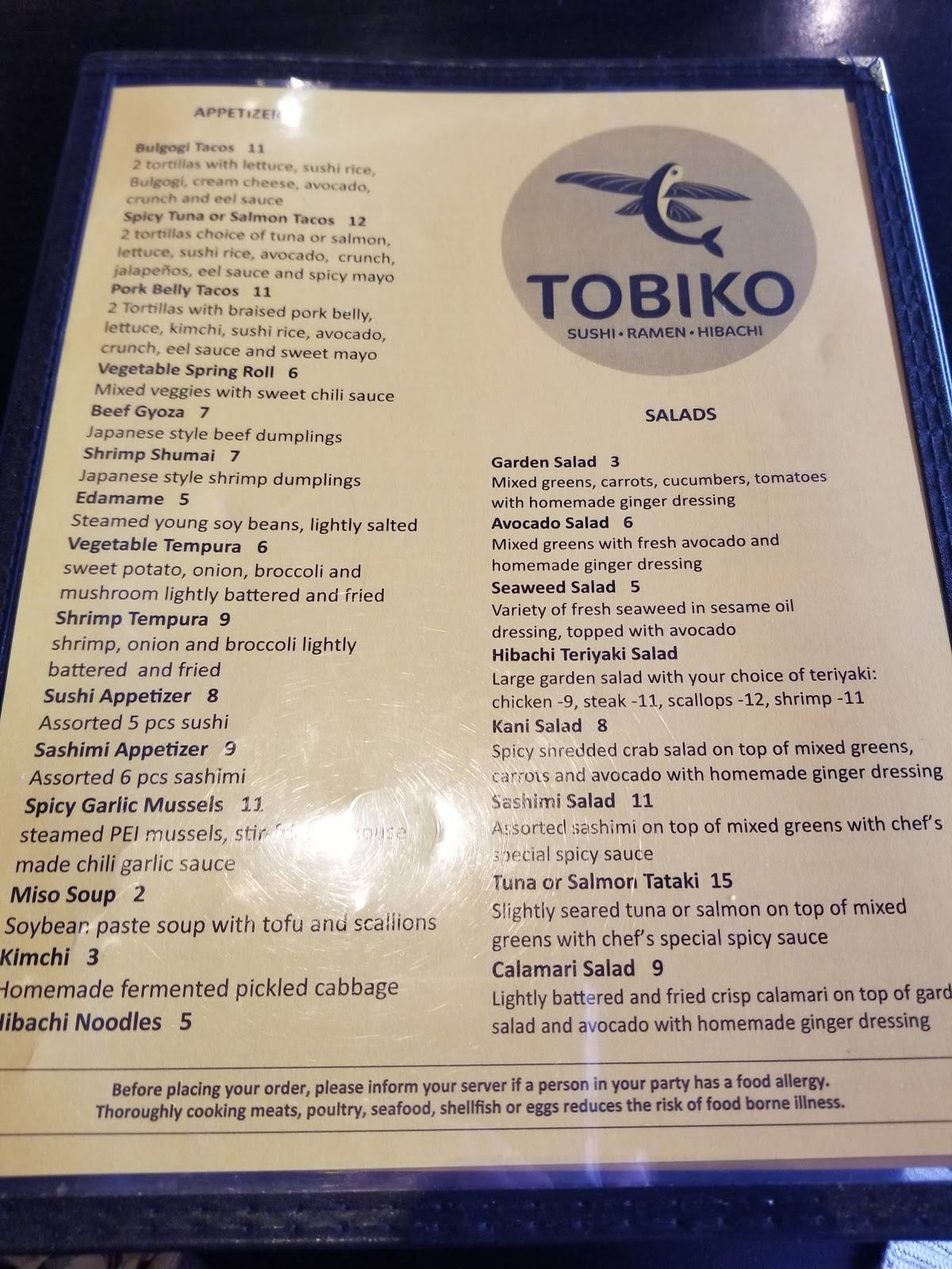 Menu at Tobiko Sushi restaurant, Westfield