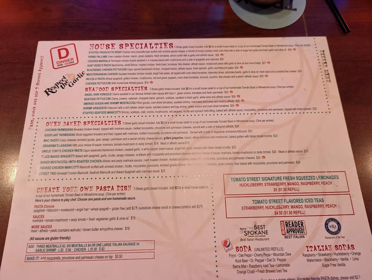 Menu at Tomato Street North Division pizzeria, Spokane, N Division St
