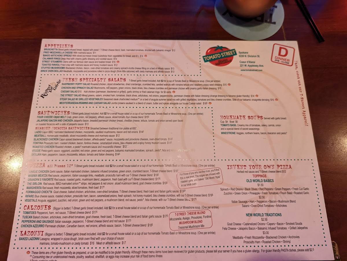 Menu at Tomato Street North Division pizzeria, Spokane, N Division St
