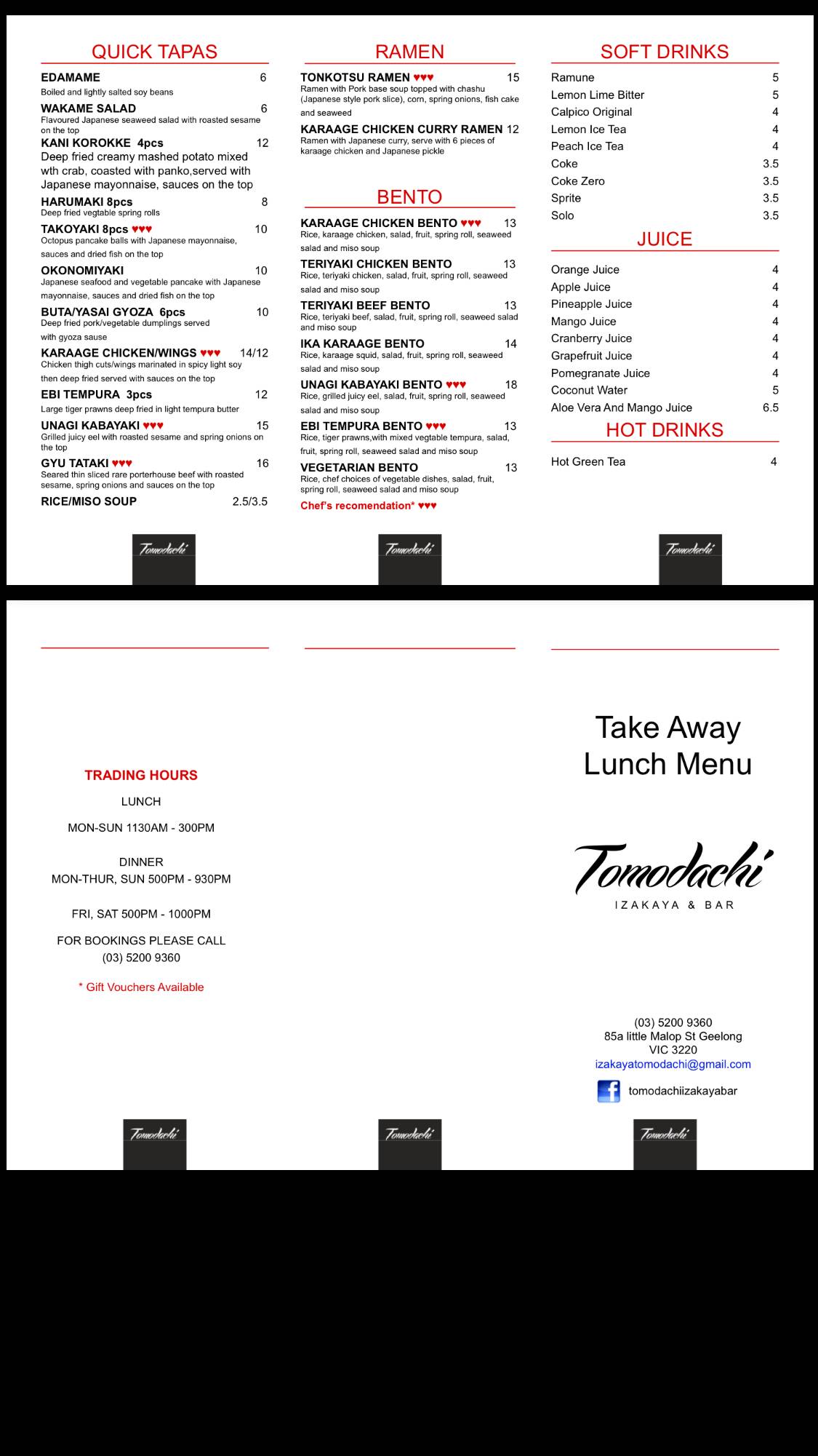 Menu at Tomodachi Izakaya & Bar, Geelong