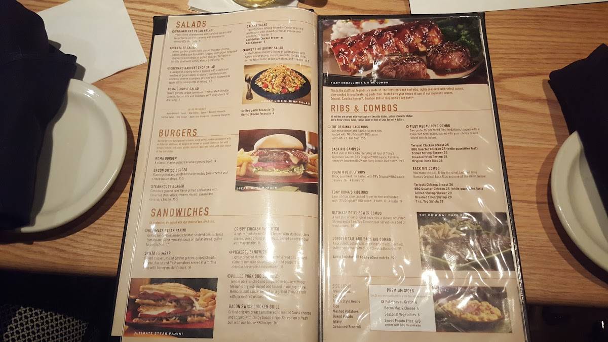 Menu at Tony Roma's restaurant, Winnipeg, 656 St James St