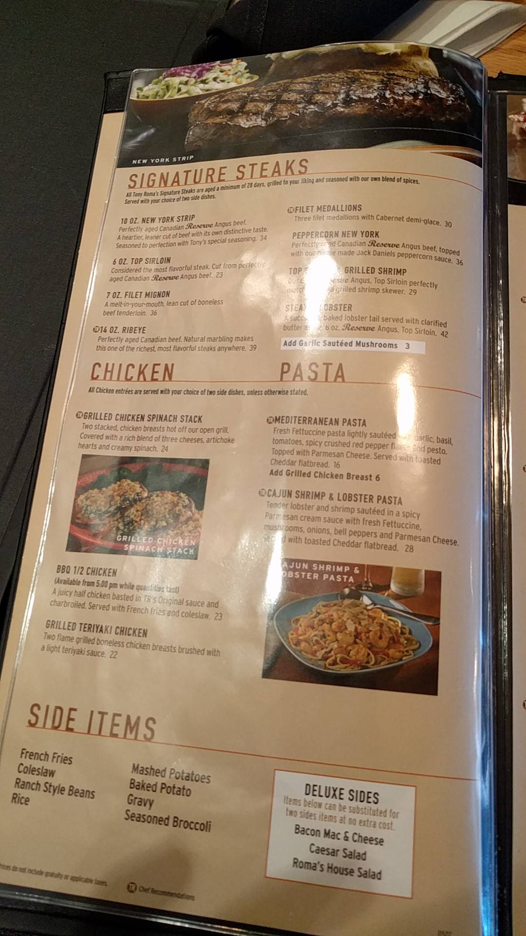 Menu at Tony Roma's restaurant, Winnipeg, 656 St James St