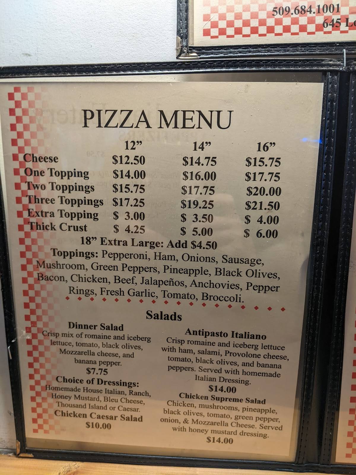 Menu at Tony's Italian Eatery pizzeria, Colville
