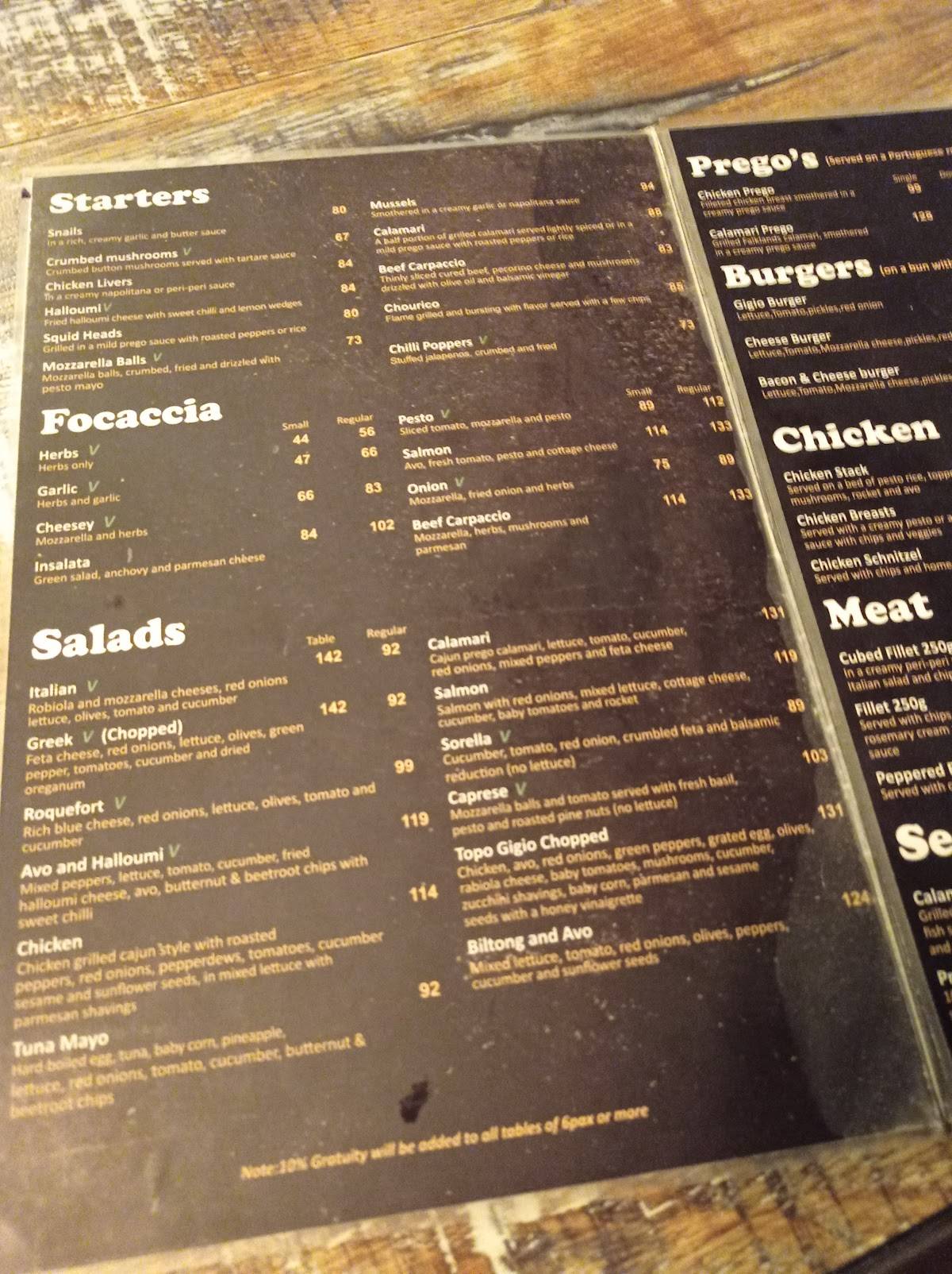 Menu at Topo Gigio restaurant, Johannesburg